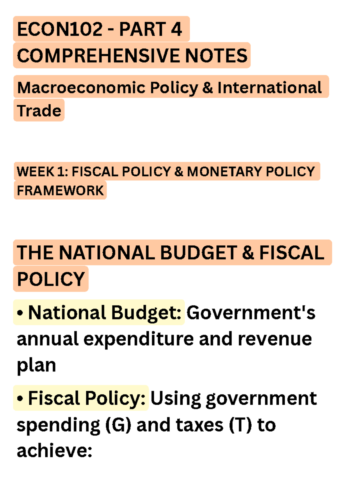 ECON102 - Part 4: Comprehensive Notes on Fiscal & Monetary Policy - Studocu