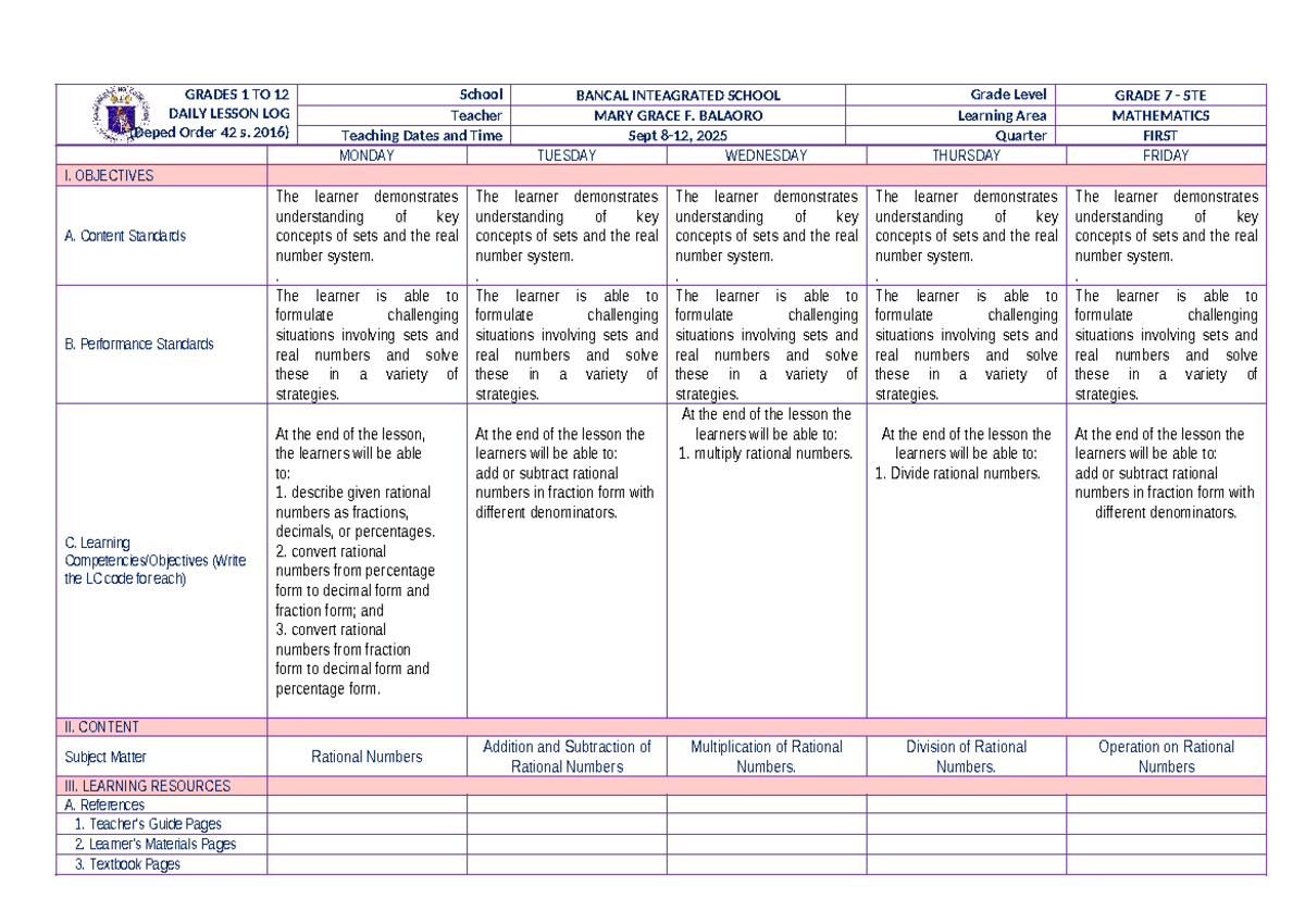GRADE 7 STE MATHEMATICS DAILY LESSON LOG: RATIONAL NUMBERS - Studocu
