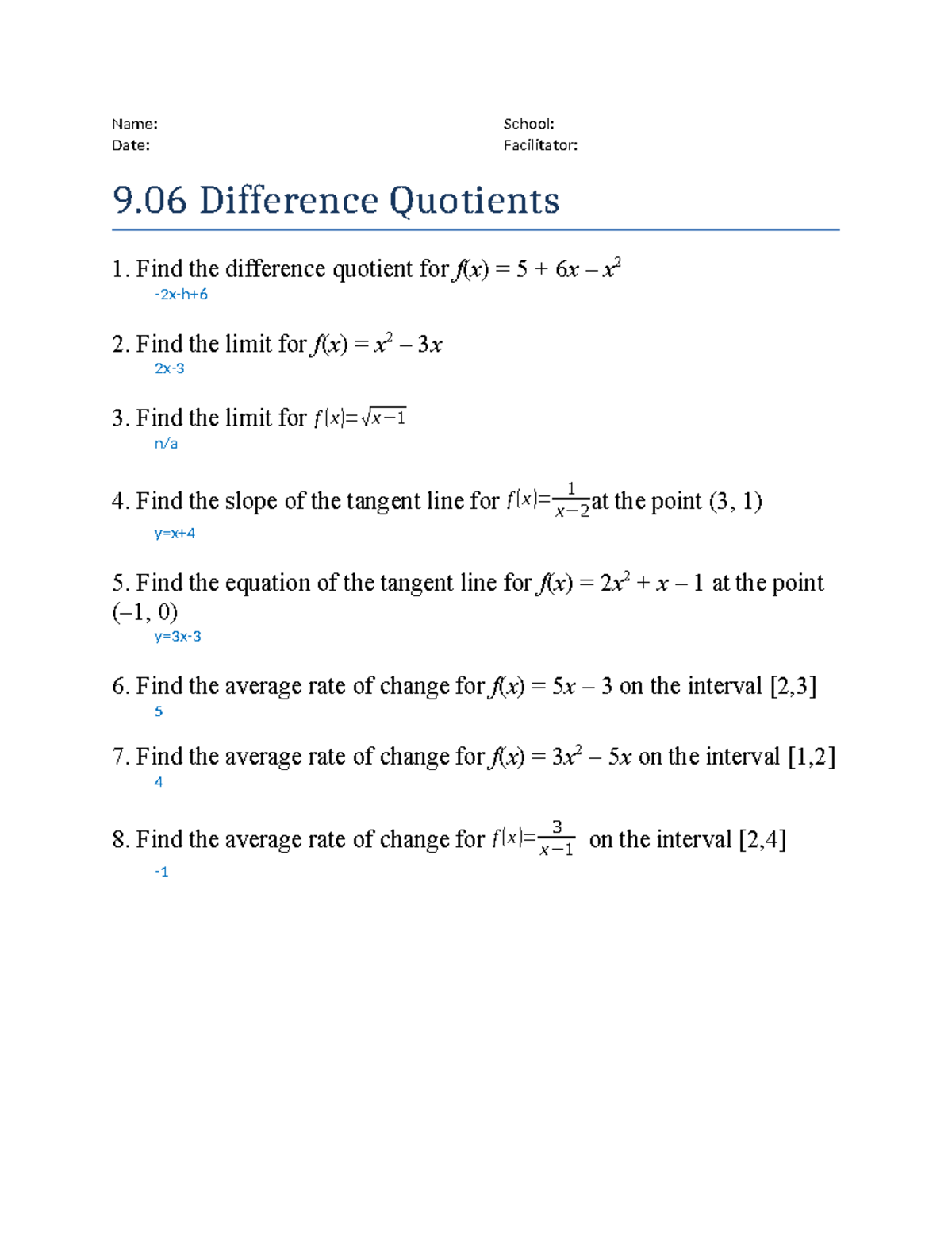 09-06 Task: Finding Difference Quotients and Limits in Calculus - Studocu
