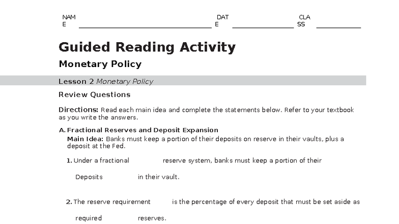 NAM E DAT E CLA SS Guided Reading Activity: Monetary Policy Review ...