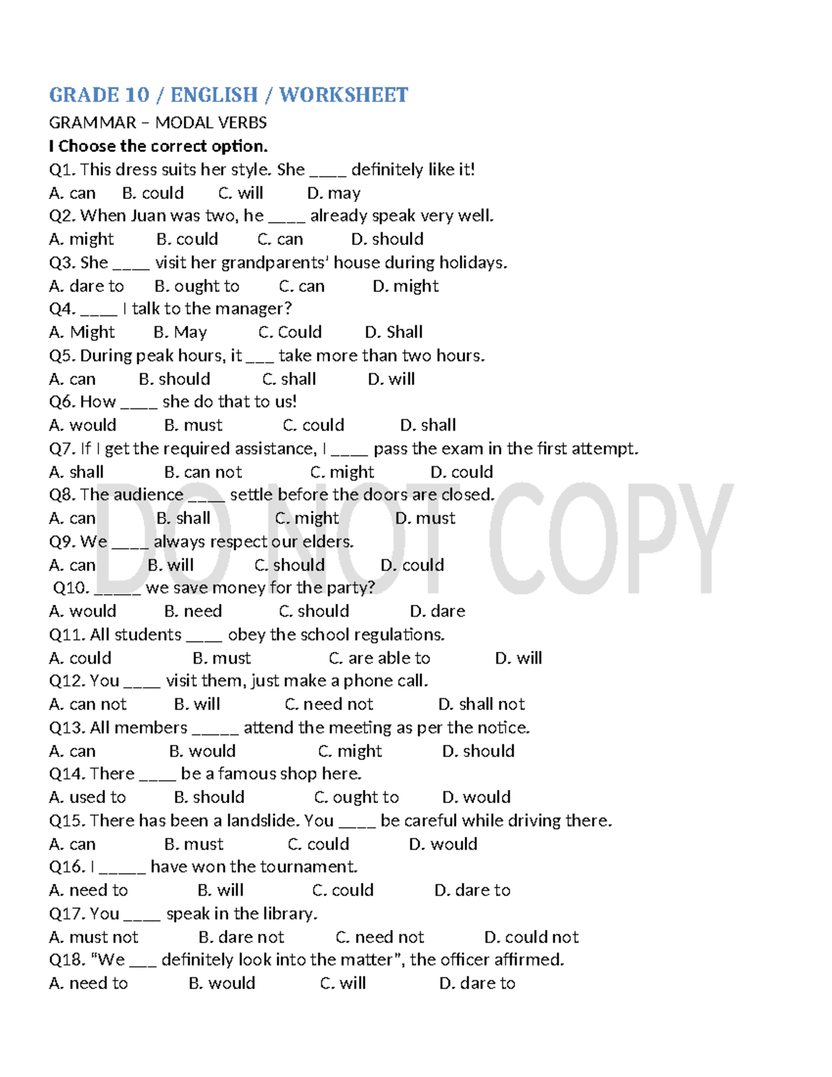 GRADE 10 ENGLISH WORKSHEET: MODAL VERBS EXERCISES - Studocu