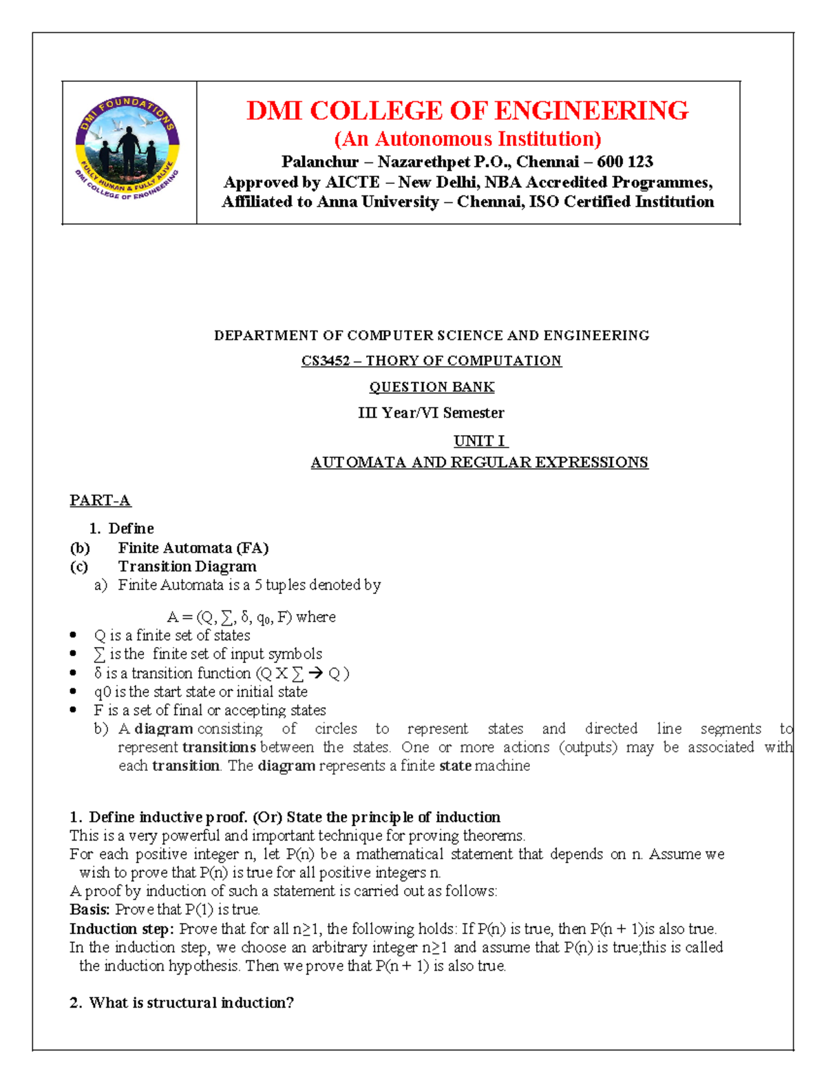 CS3452-TOC 2 marks - THEORY OF COMPUTATION TWO MARK QUESTIONS ...