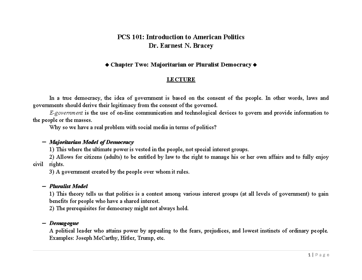PCS 101: Majoritarian vs. Pluralist Democracy - Lecture Overview - Studocu