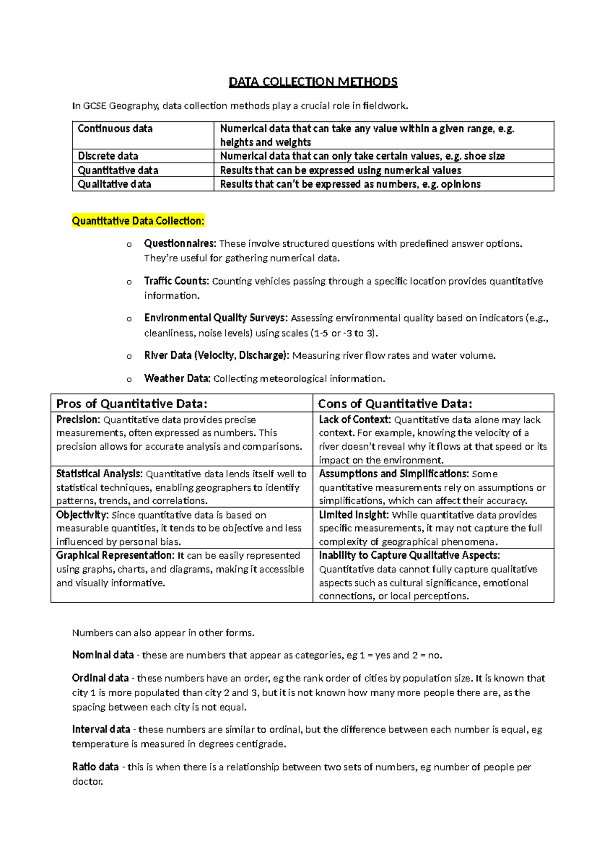 GCSE Geography: Data Collection Methods for Fieldwork Analysis - Studocu