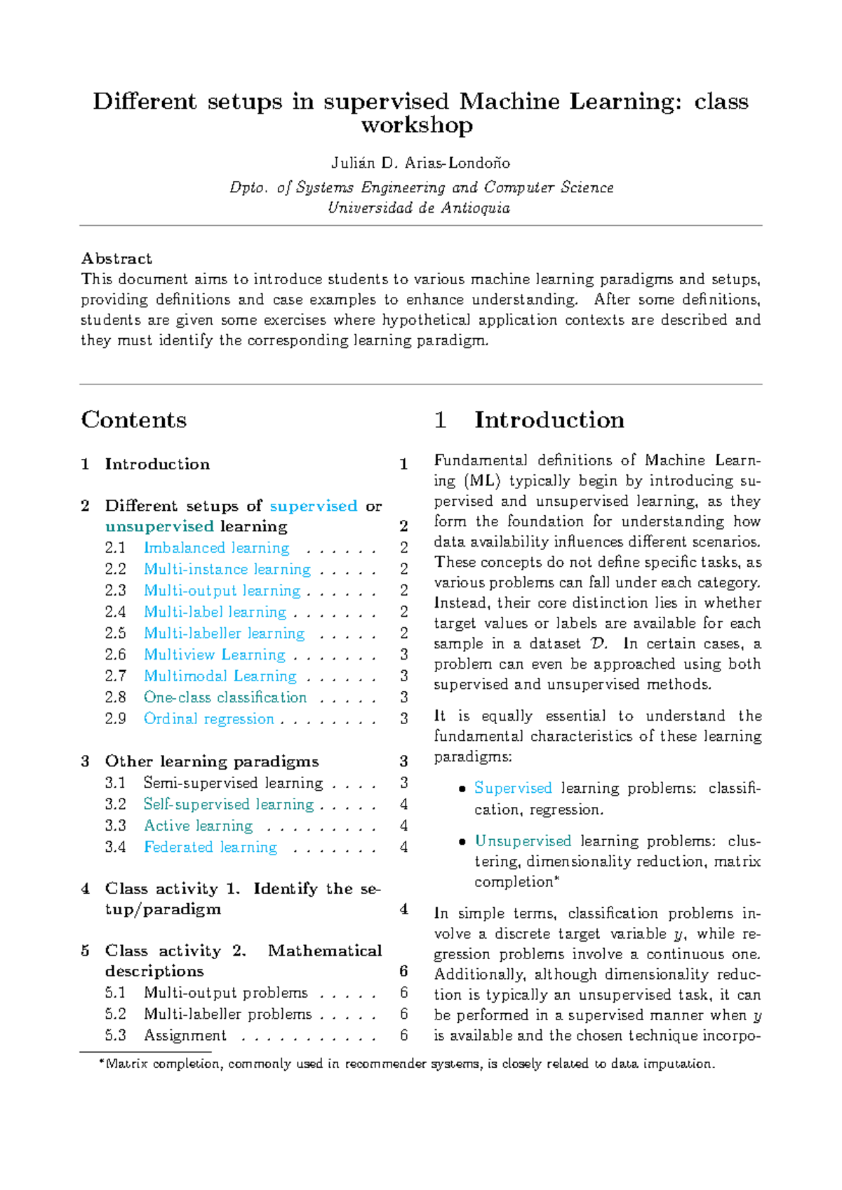 Different Setups in Supervised ML: Class Workshop D - U. de Antioquia ...