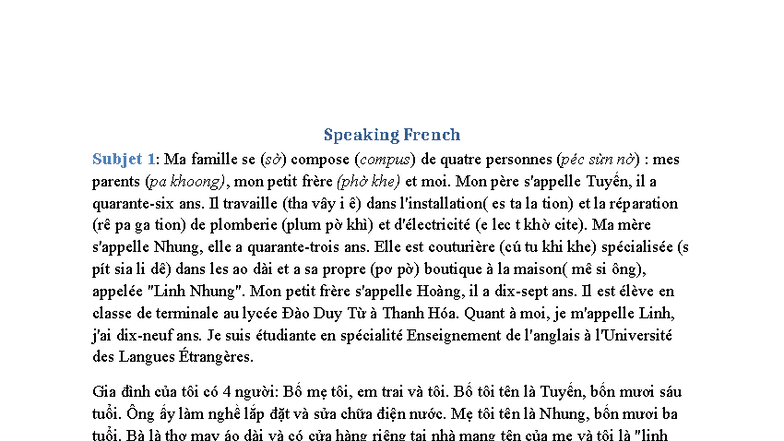 Speaking French: Ma Famille et Ma Chambre (Subjet 1 &amp; 2) - Studocu