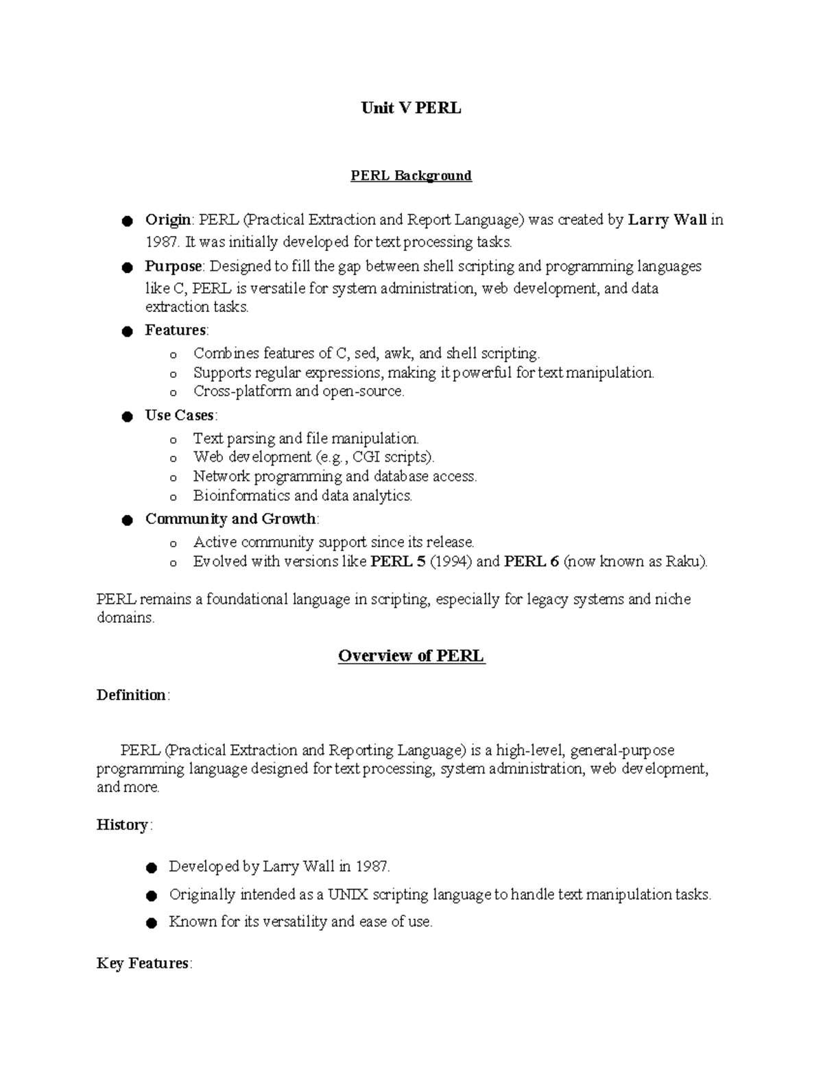 Unit V PERL - Comprehensive Notes on PERL Programming Insights - Studocu