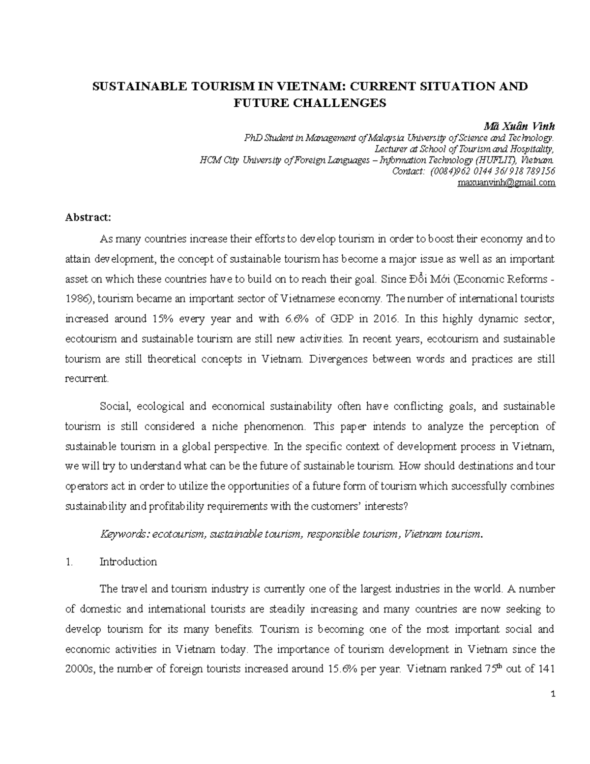 SUSTAINABLE TOURISM IN VIETNAM: CHALLENGES & FUTURE PROSPECTS - Studocu