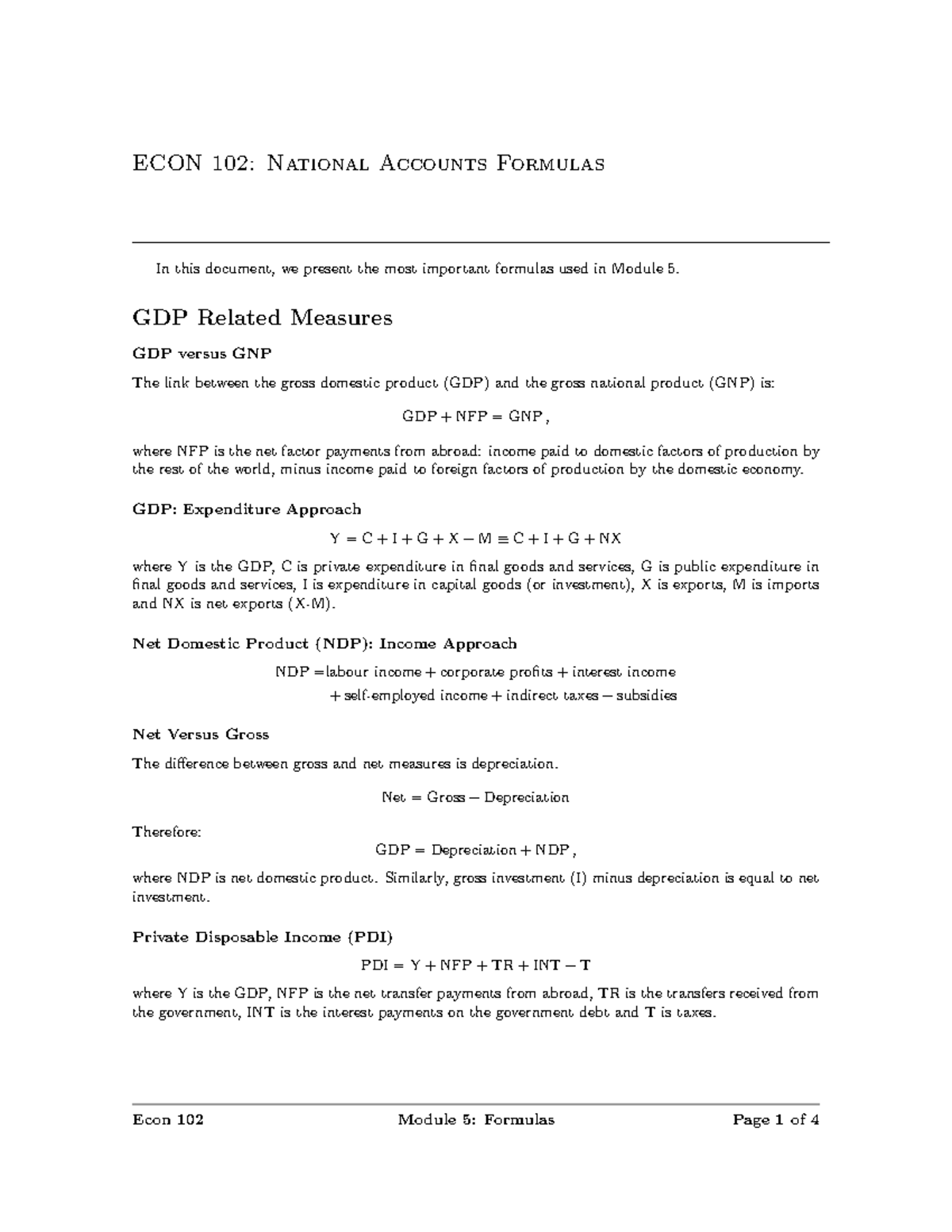 Module 5 Formulas for ECON 102: National Accounts Insights - Studocu