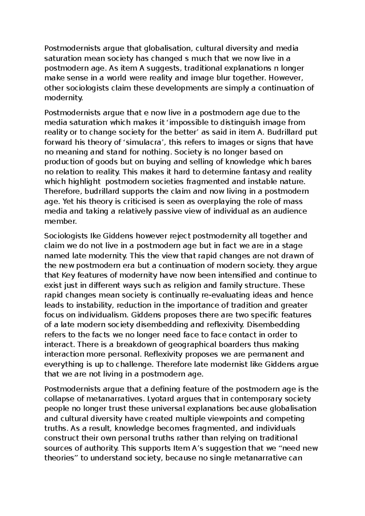 Unit 3 Notes: Postmodernism vs. Late Modernity in Society - Studocu