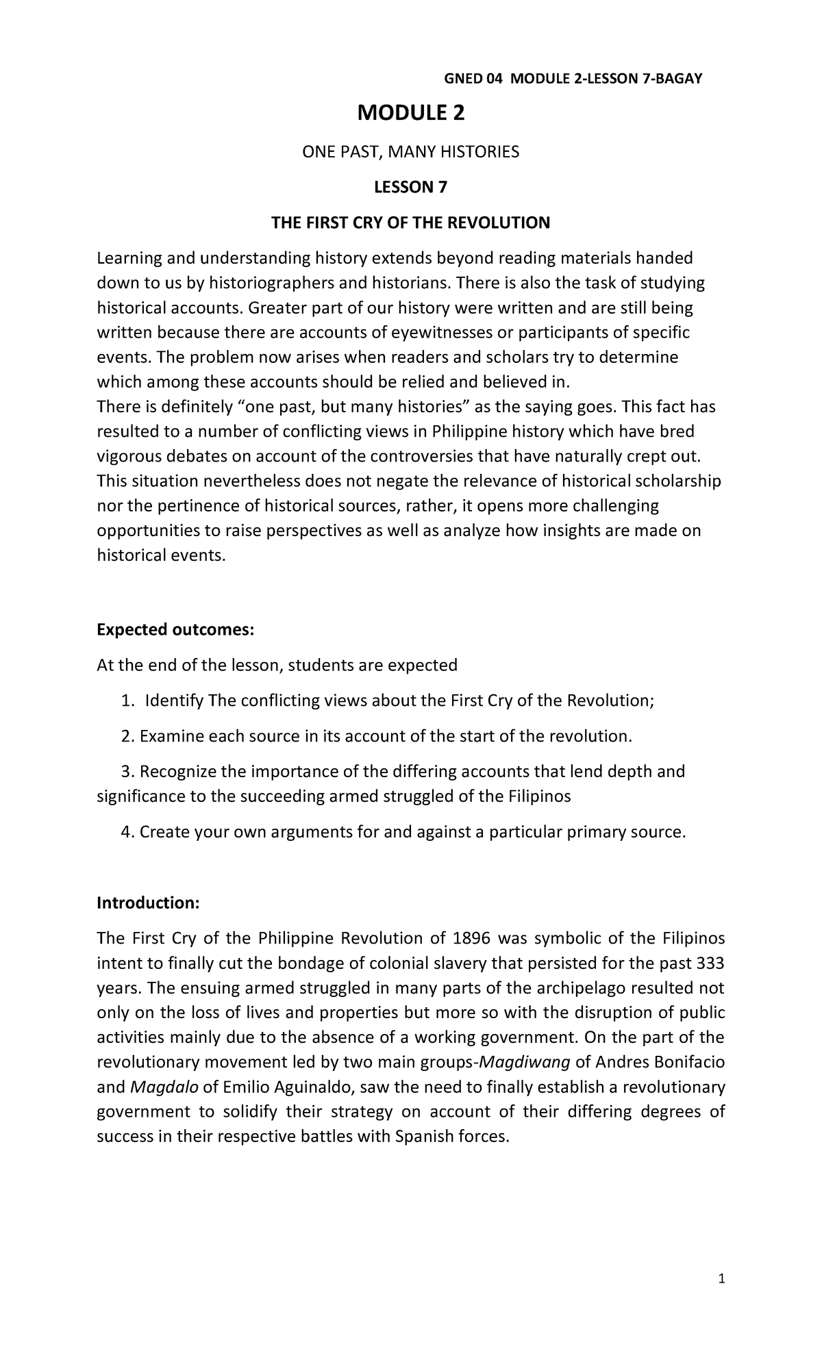 Module 2 Lesson 7: The First Cry of the Revolution in 1896 - Studocu
