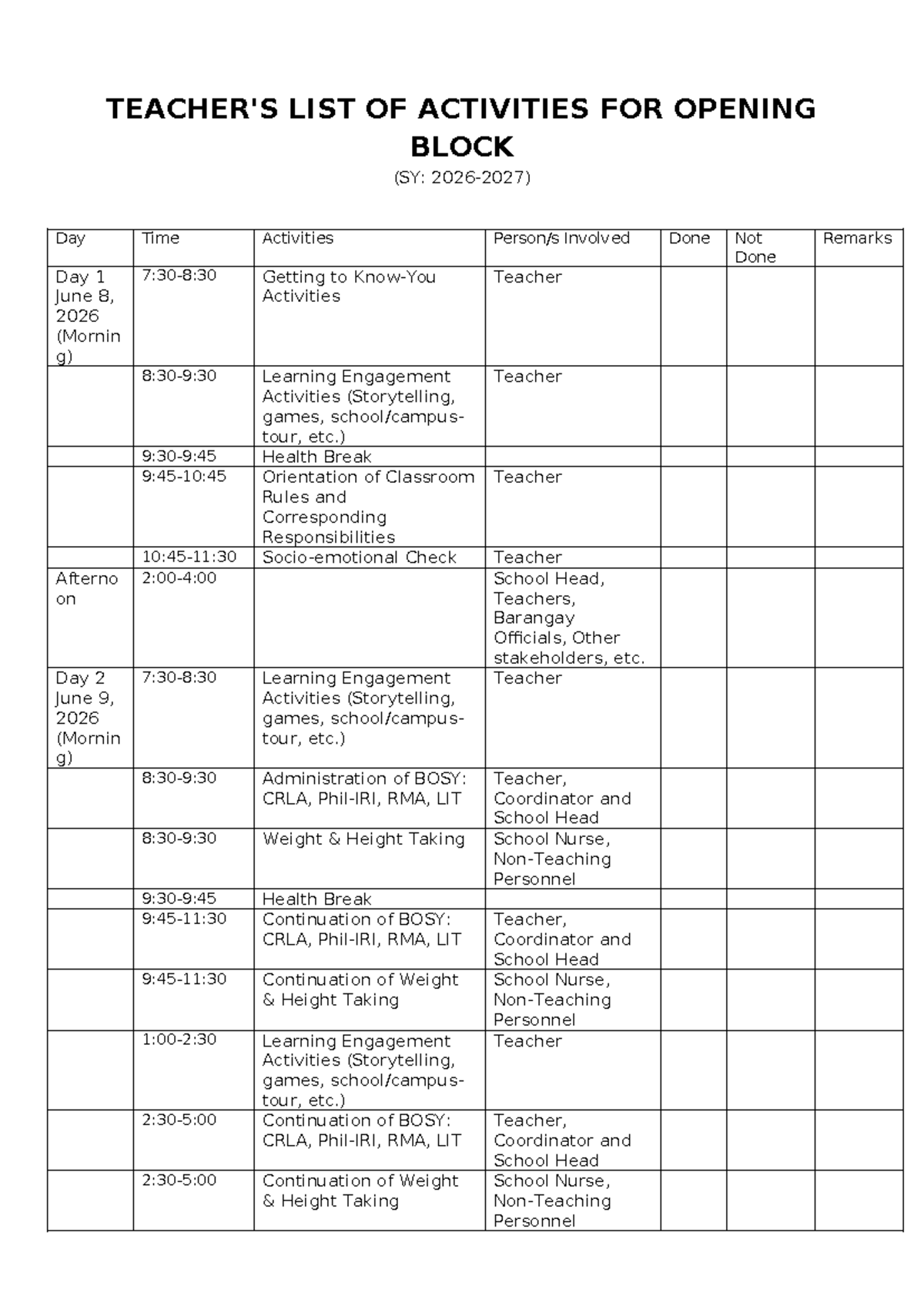 Editable Opening Block Activities SY 2026-2027: Day 1 & 2 Schedule ...