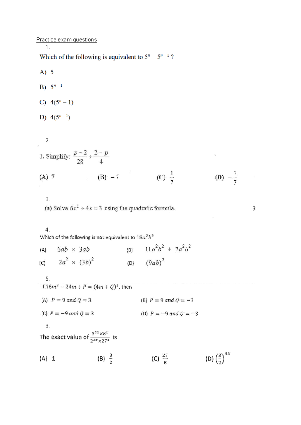 Y10 Algebra & Indices Practice Exam Questions - Studocu
