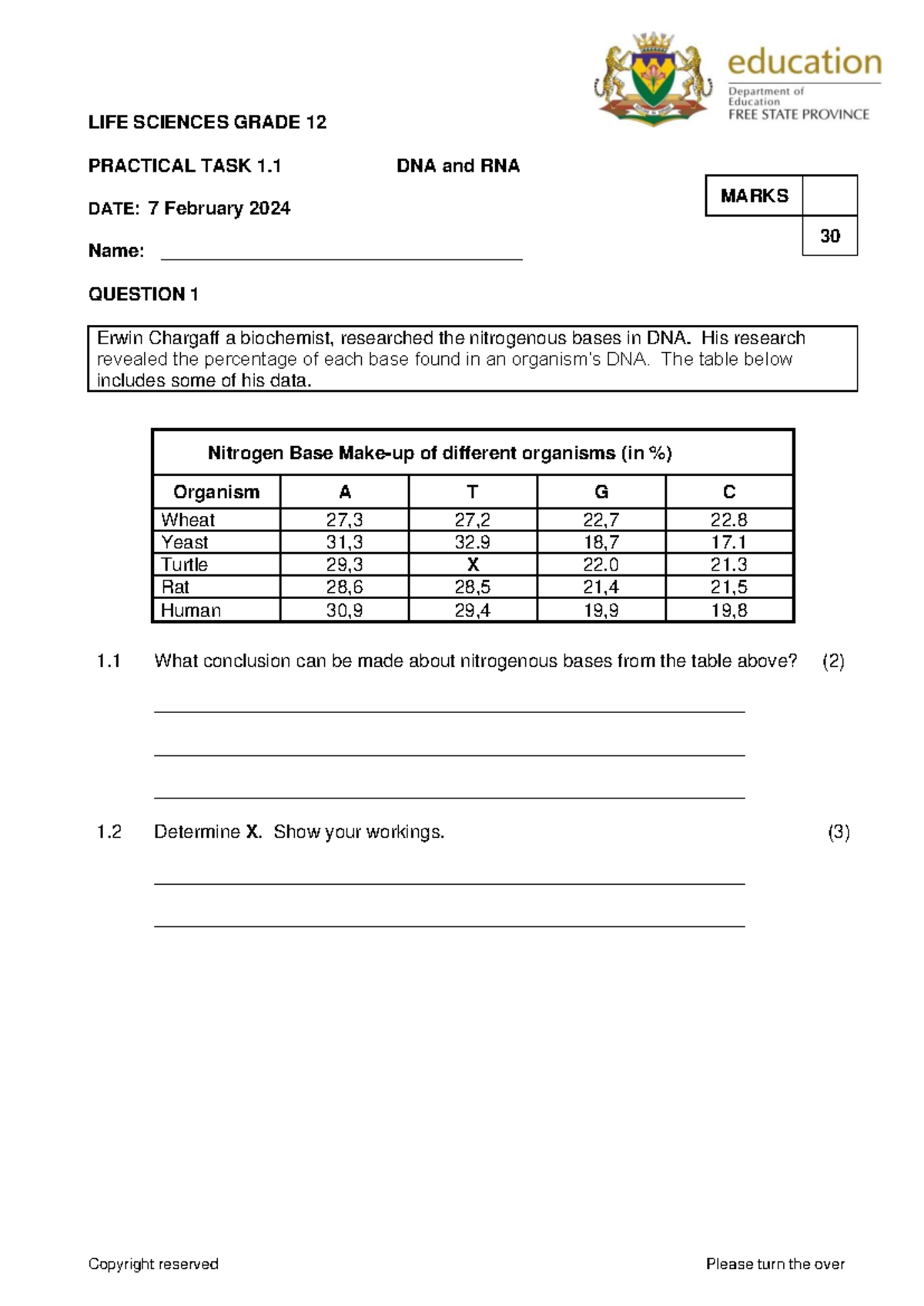 LS Gr 12 Prac 1.1 Feb 2024 Question Paper on DNA & RNA Analysis - Studocu
