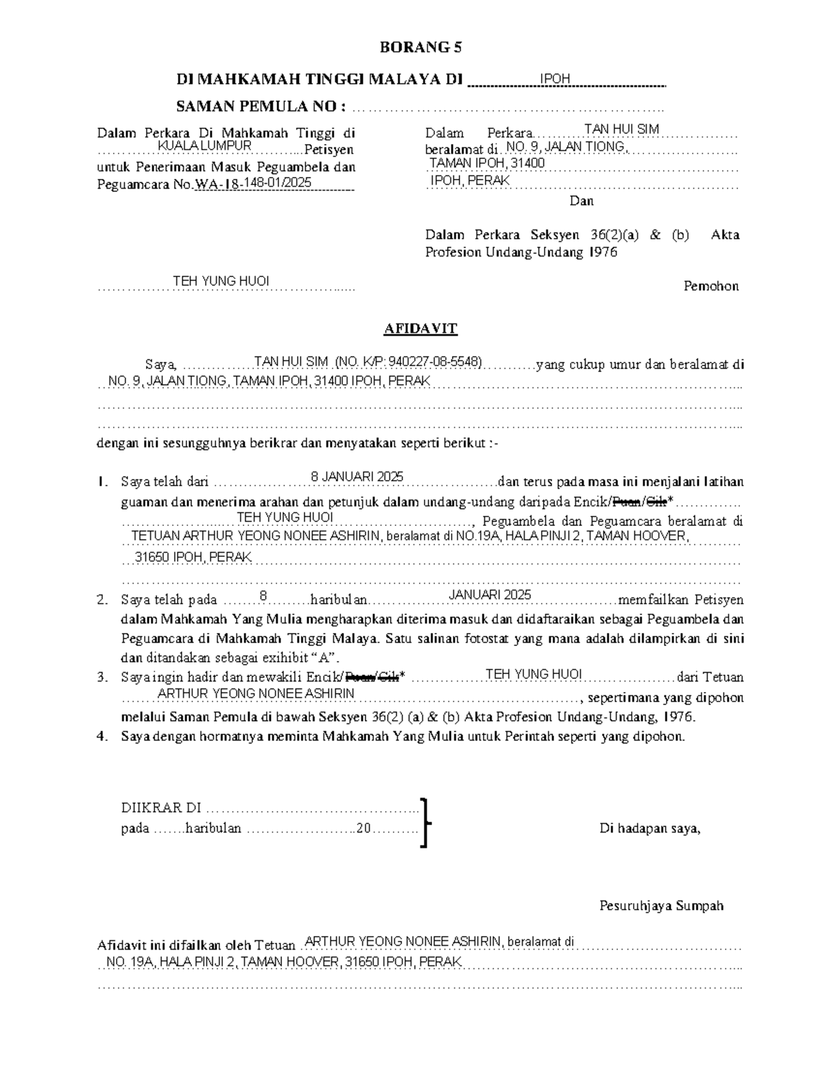 Afidavit Borang 5 - Mahkamah Tinggi Malaya di Kuala Lumpur - Studocu