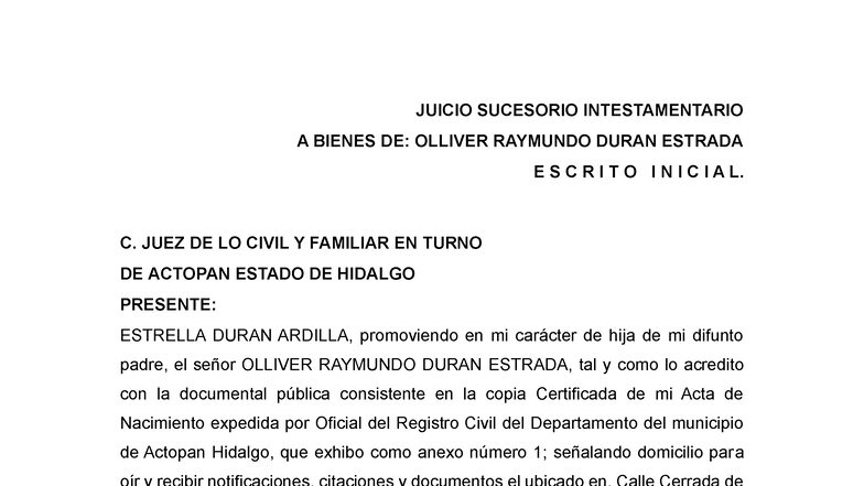 JUICIO SUCESORIO INTESTAMENTARIO DE OLLIVER RAYMUNDO DURAN ESTRADA ...
