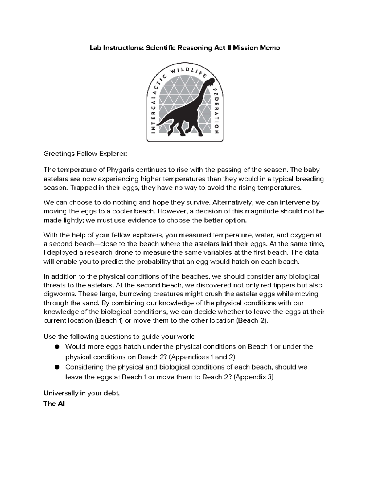 Lab Instructions: Scientific Reasoning Act II Mission Memo (Spring A ...