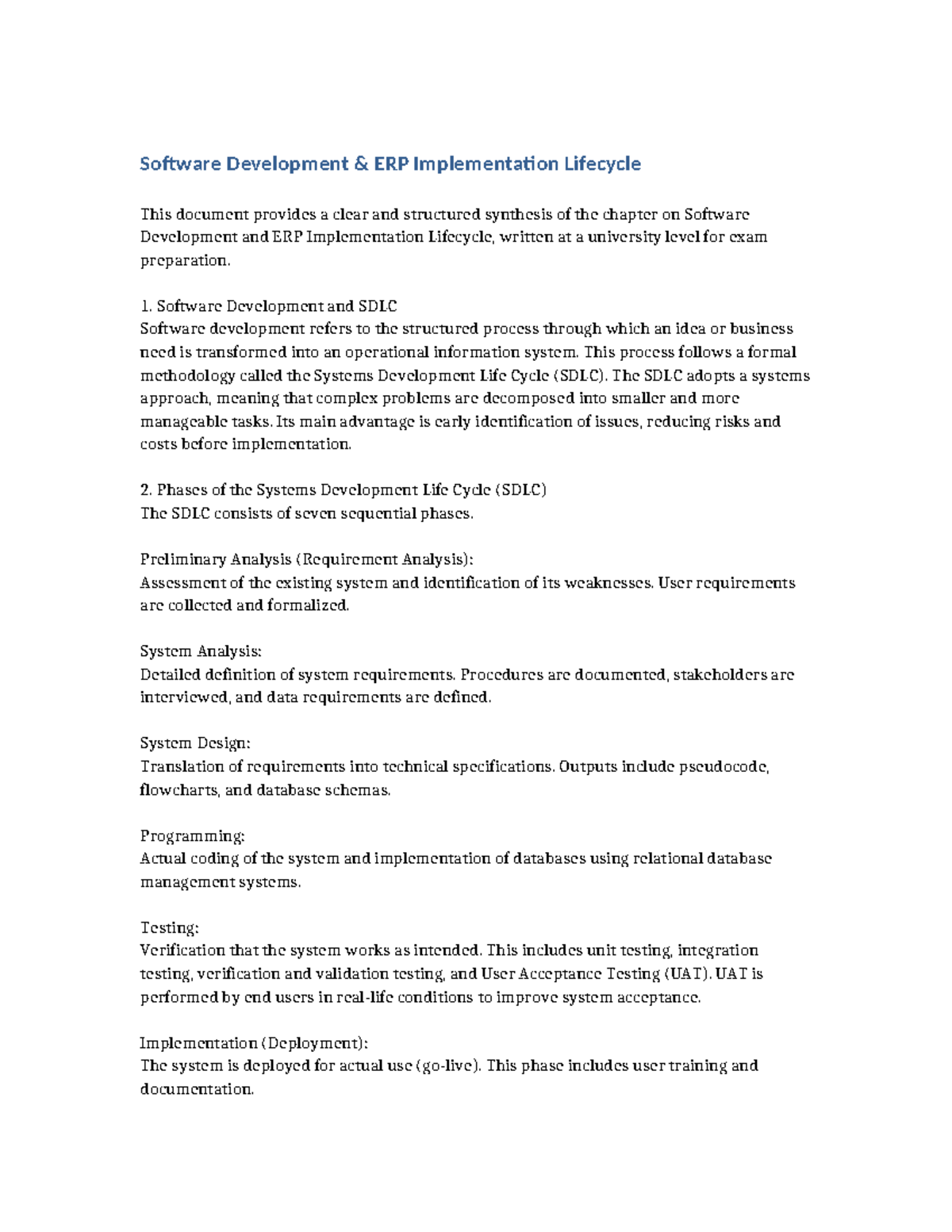 ERP Implementation Lifecycle Synthesis for Software Development - Studocu