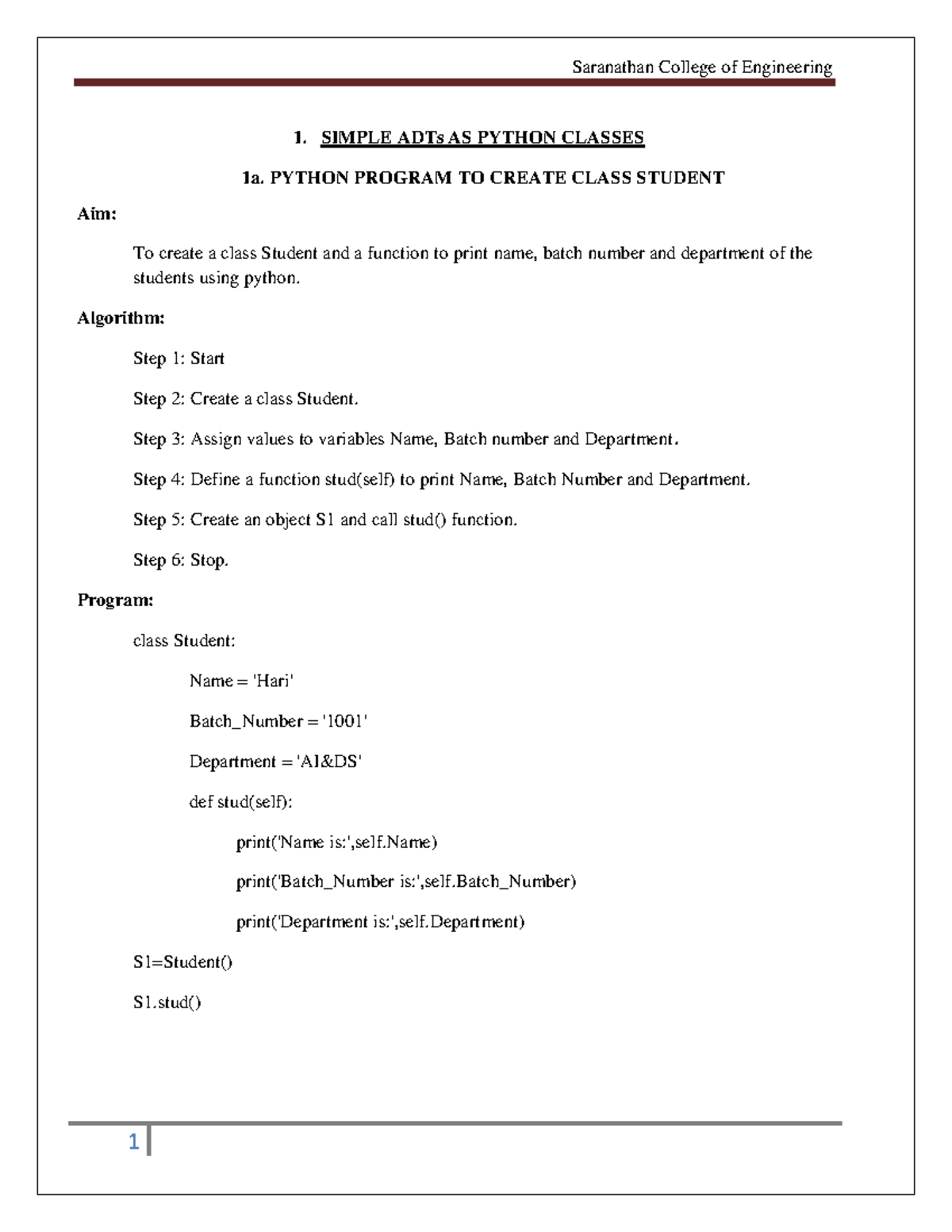 CD 3281 DSA Lab Manual: Python Classes and Algorithms - Studocu