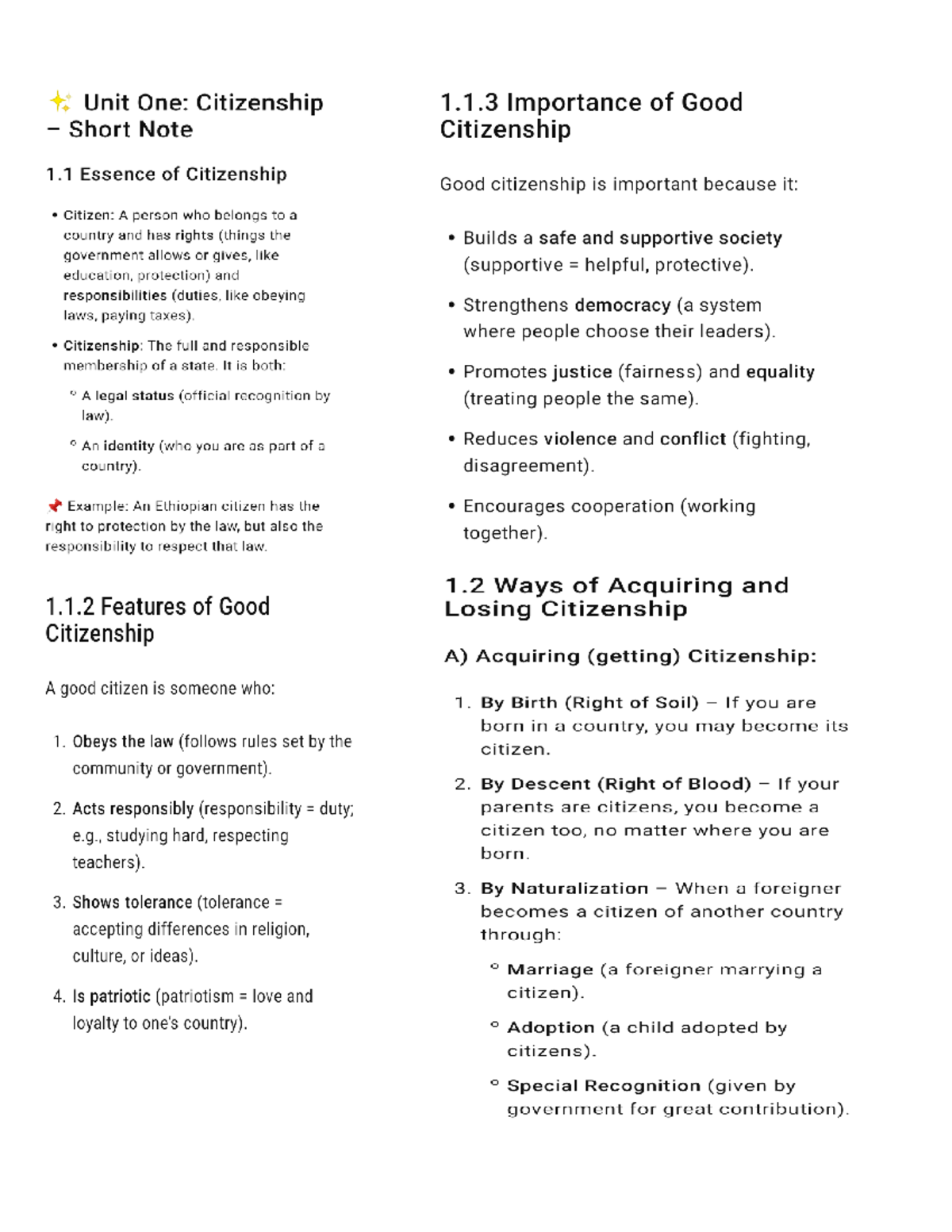 Gr7 Citizenship Unit 1: Importance & Features of Good Citizenship - Studocu