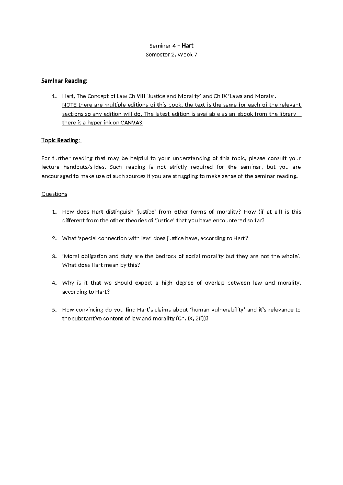 Legal Theory Seminar 4 Hart - Seminar 4 – Hart Semester 2, Week 7 ...