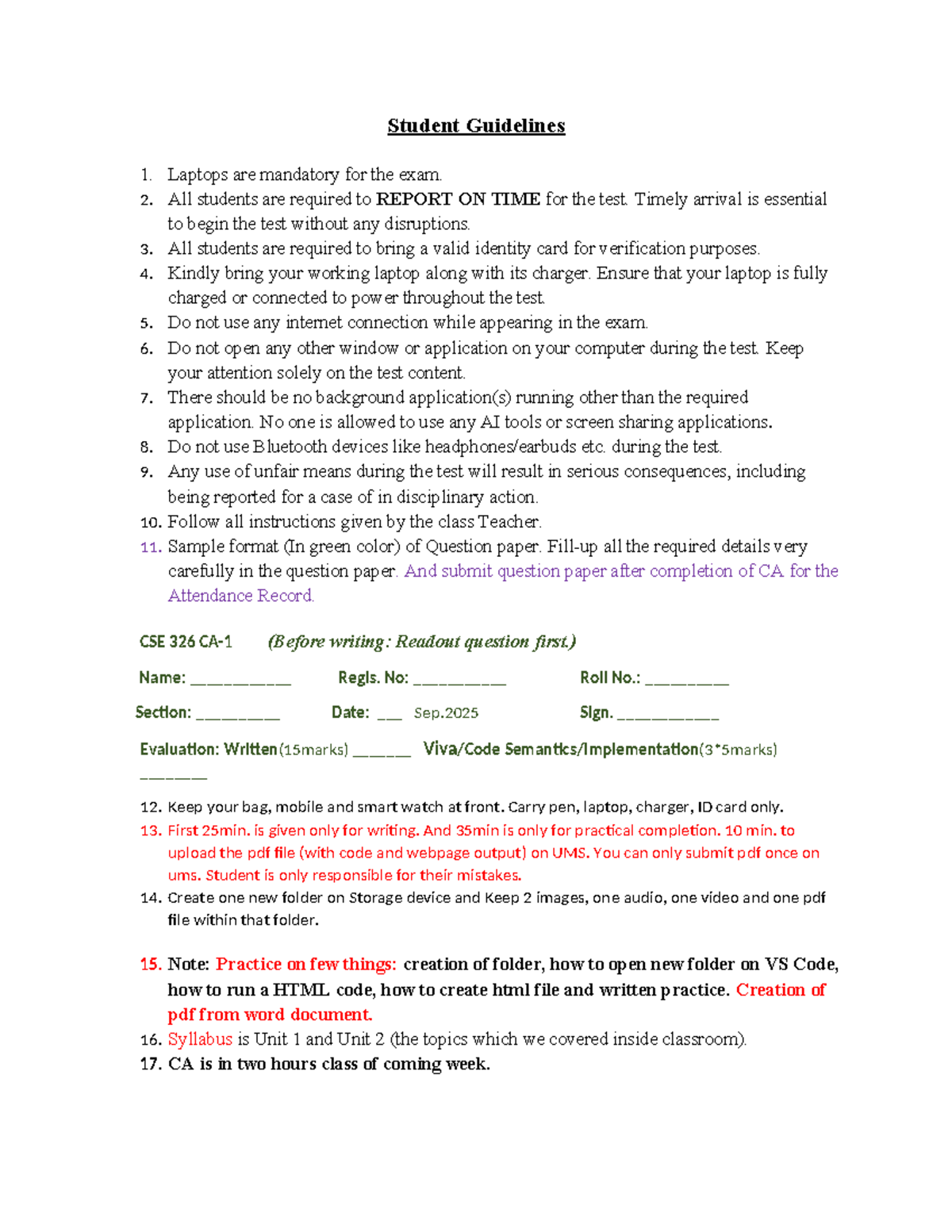 CA-1 Student Guidelines for CSE 326 Exam Procedures and Requirements ...