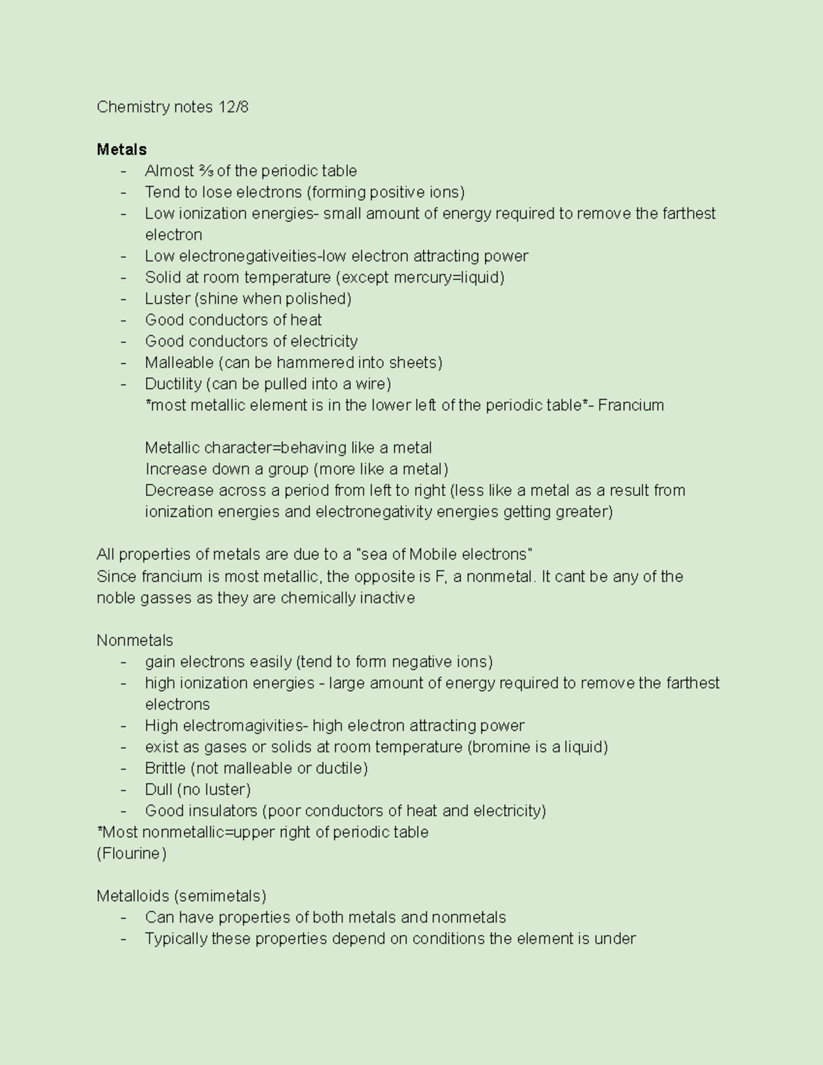 Chemistry Notes: Metals and Nonmetals Overview (Chapters 6 & 7) - Studocu