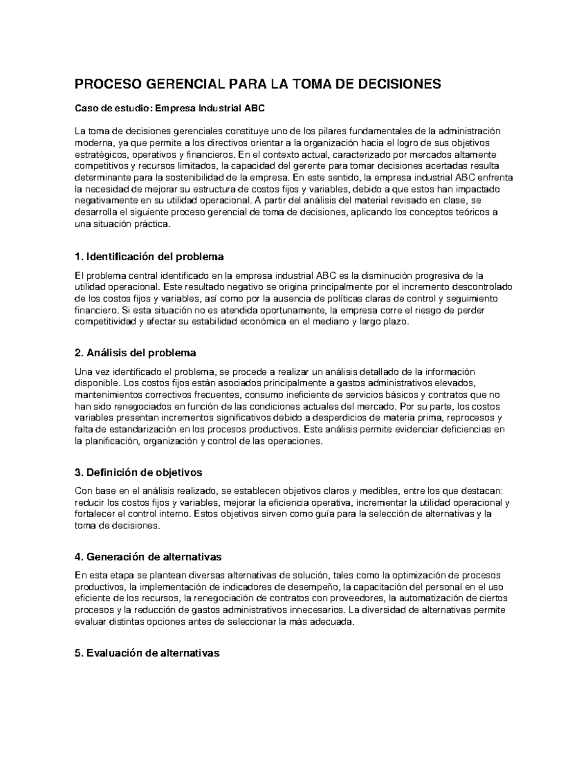 Proceso Gerencial de Toma de Decisiones: Caso ABC - Studocu