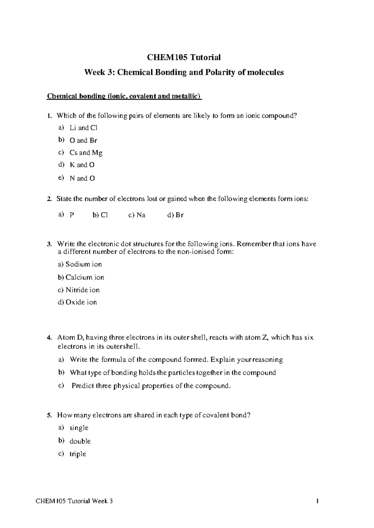 CHEM105 Week 3 Tutorial: Chemical Bonding & Polarity Concepts - Studocu