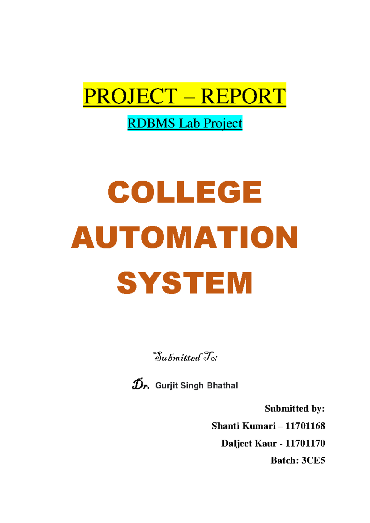 College Automation System Project Pdf Project Report Rdbms Lab Project College Automation