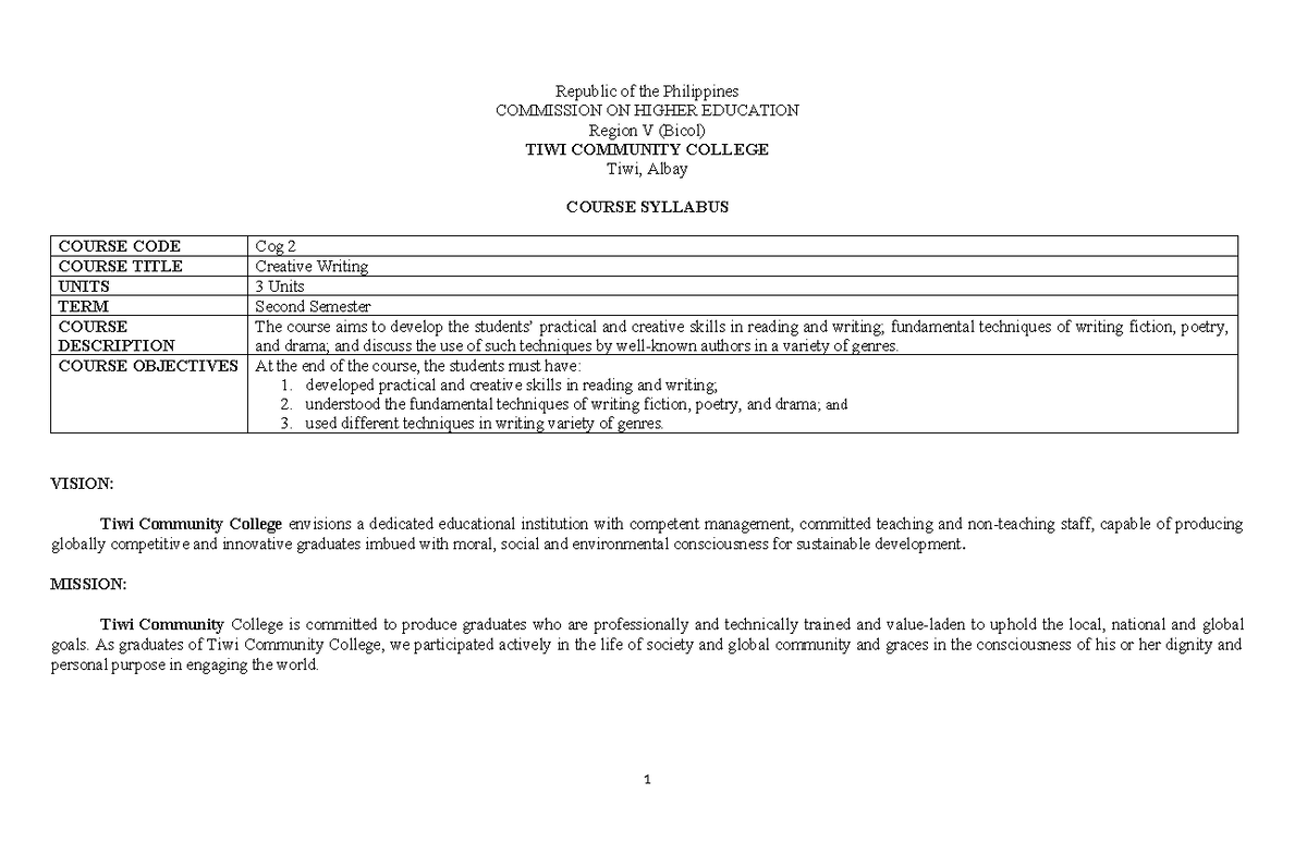 Cog 2 Creative Writing Syllabus: Techniques for Fiction, Poetry & Drama ...