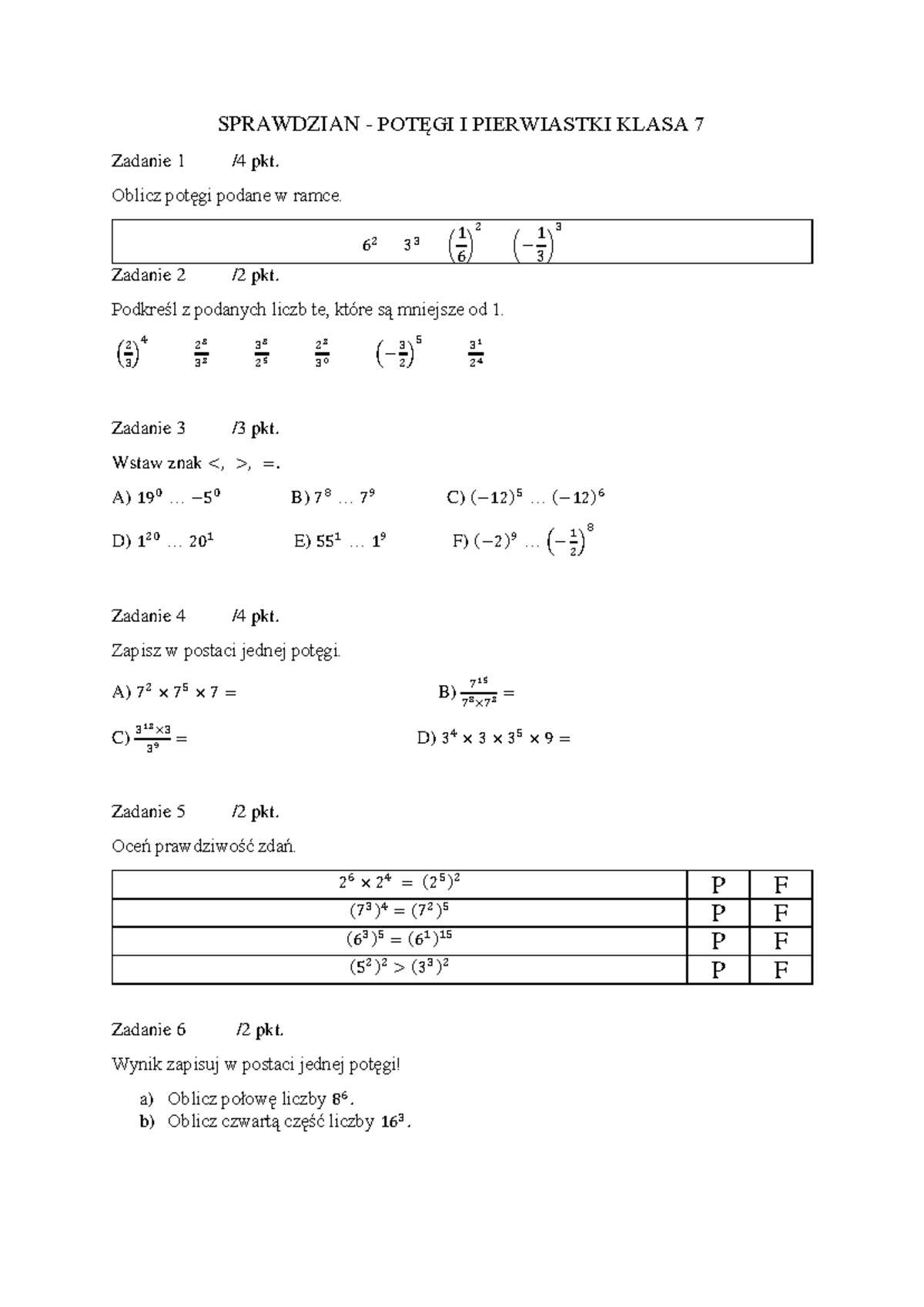 SPRAWDZIAN: POTĘGI I PIERWIASTKI KLASA 7 - ZADANIA I ROZWIĄZANIA - Studocu