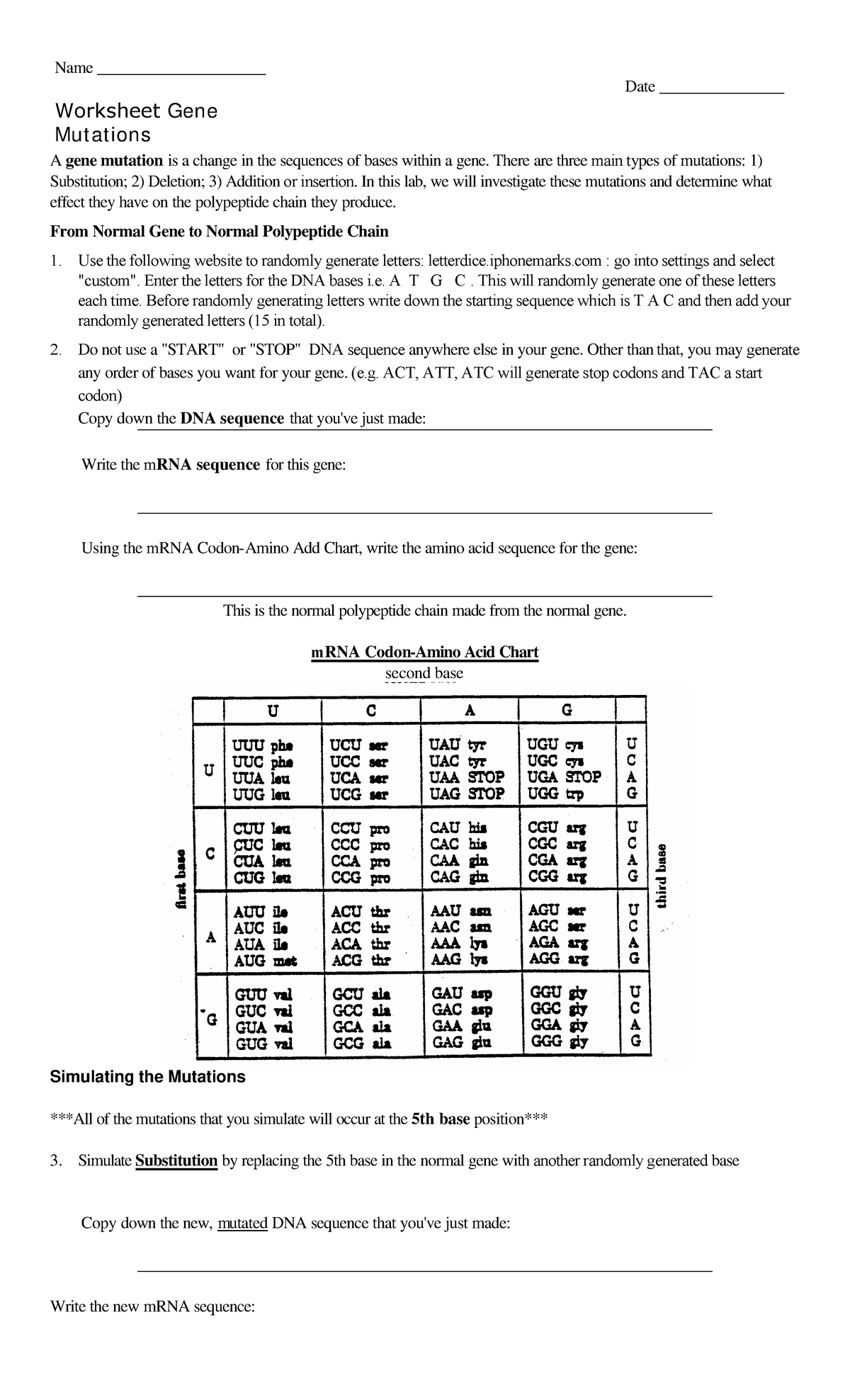 Gene Mutations Worksheet - Name _____________________ Date ...