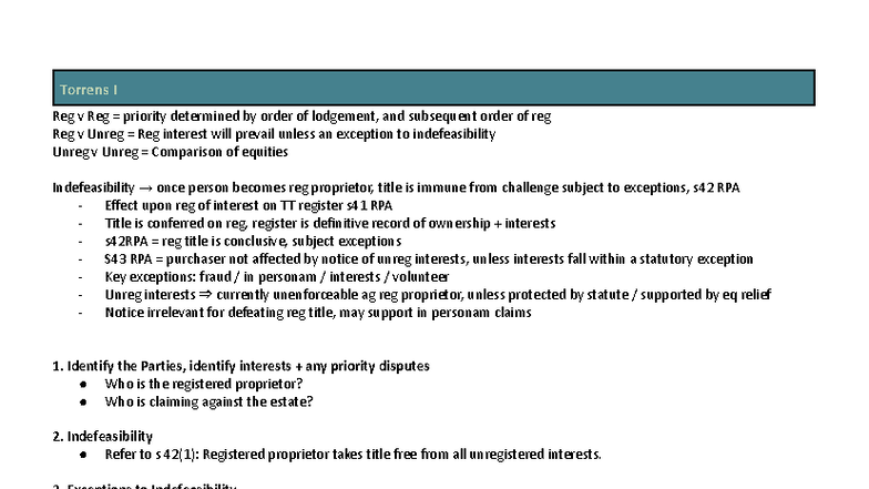 Torrens Title Framework: Indefeasibility & Exceptions Analysis - Studocu