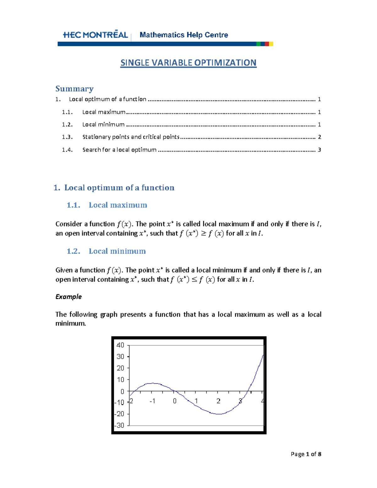Single variable optimization - SINGLE VARIABLE OPTIMIZATION Summary 1 ...