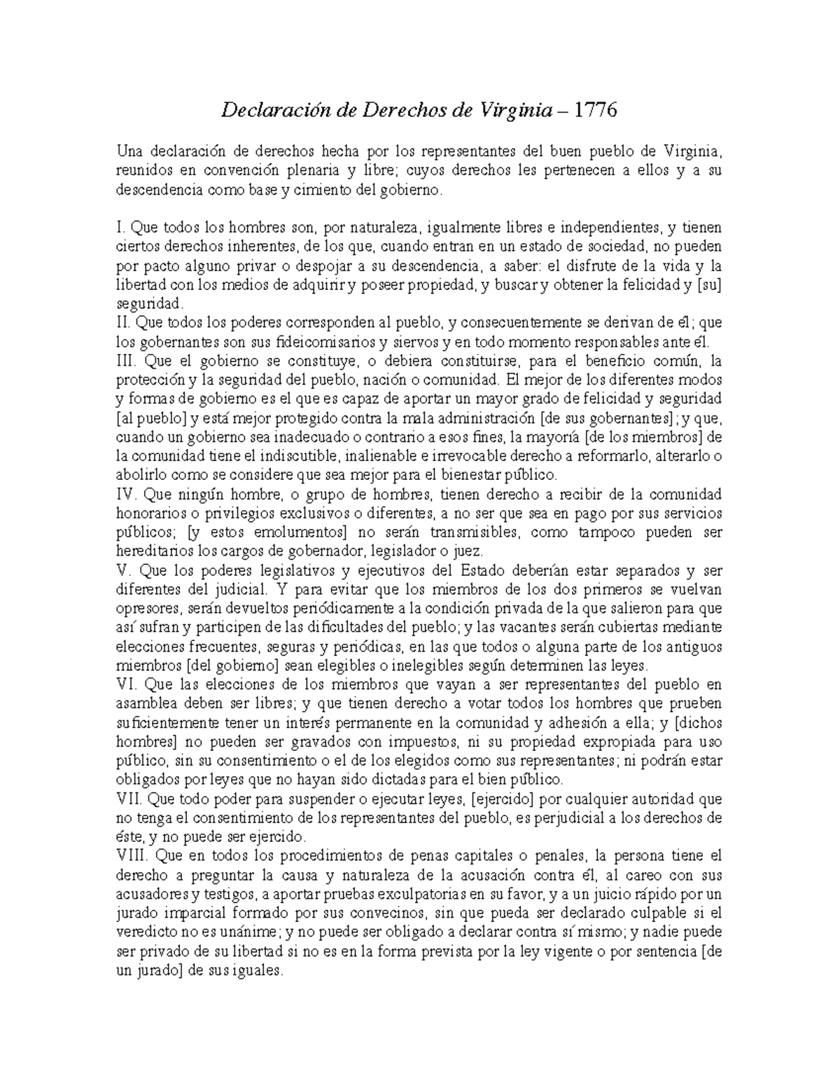 Declaración de Derechos de Virginia 1776: Análisis Teológico - Studocu