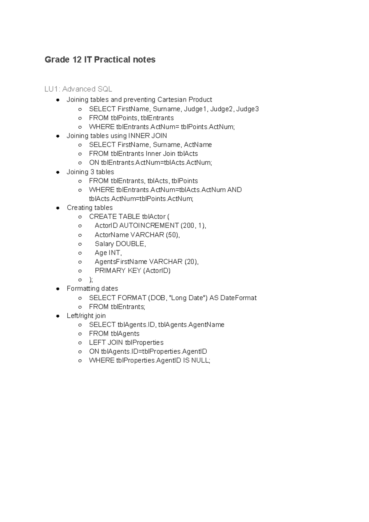Grade 12 IT Practical Notes LU1: Advanced SQL Techniques and Class ...