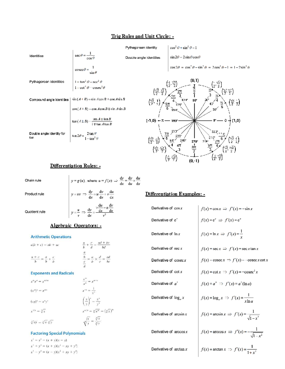 Calc-Midterm 1: Trig Rules, Identities & Differentiation Formulas ...