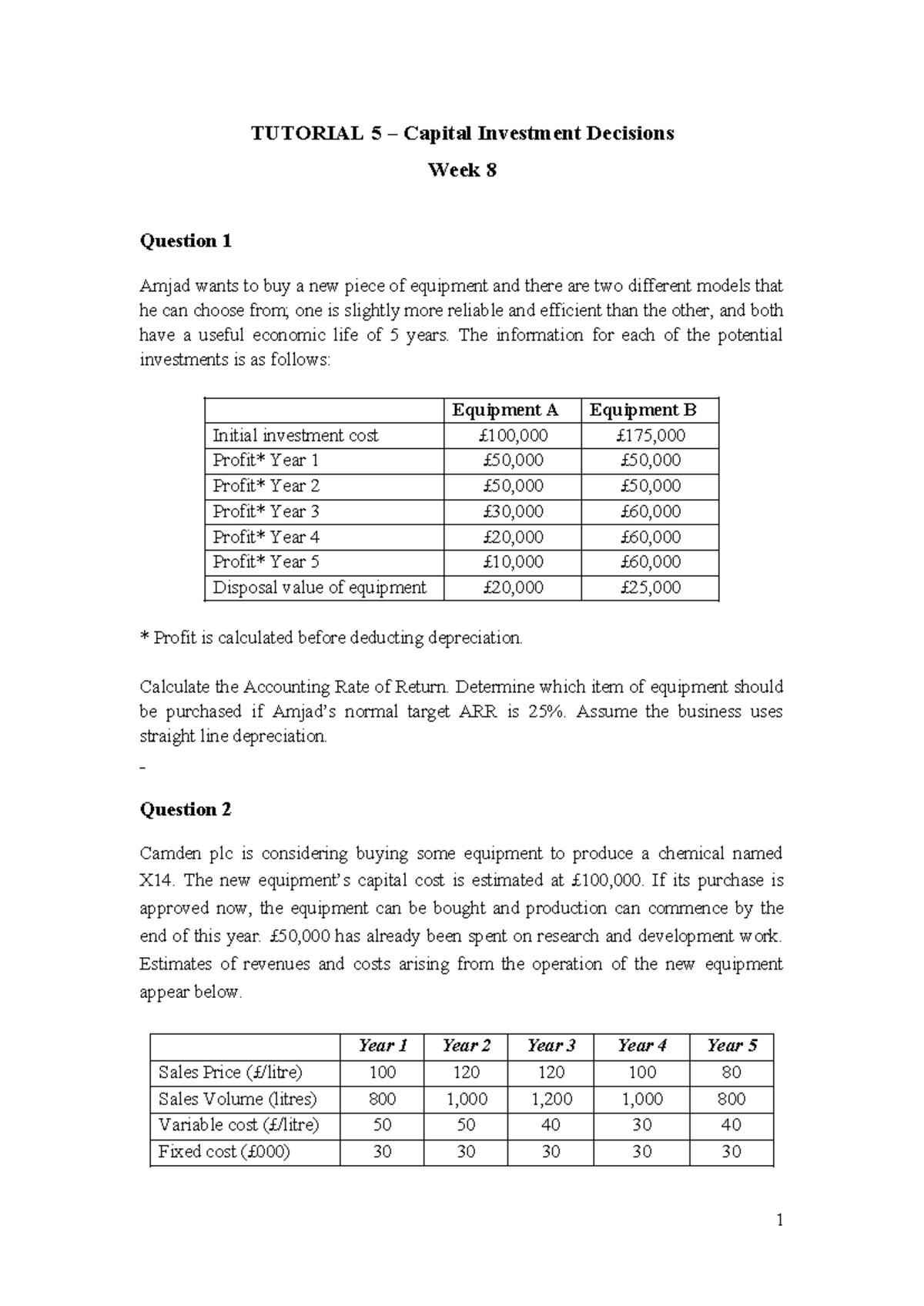 Tutorial 5: Capital Investment Decisions - Week 8 Analysis ...