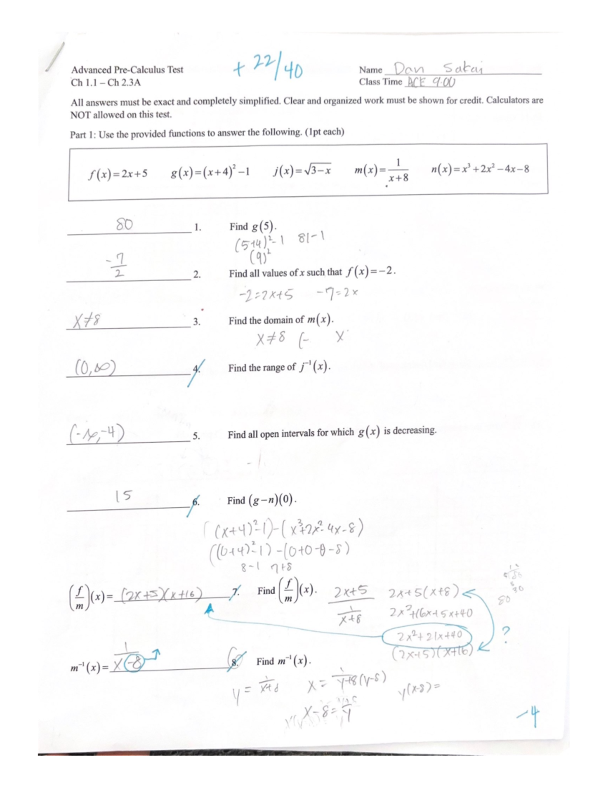 Advanced Pre-Calculus Final Exam - Advanced Test Name Dan Sakai Ch 1 Ch ...