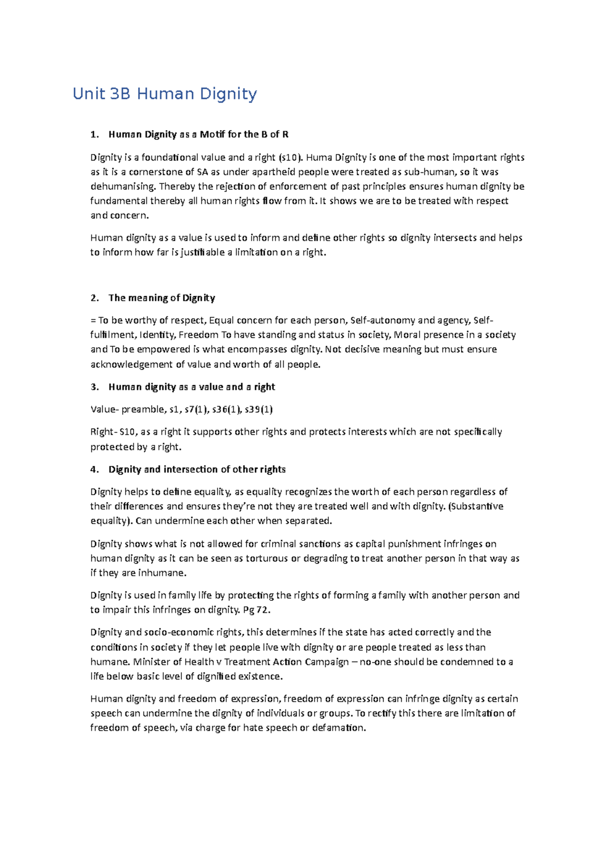 Unit 3B Human Dignity - Lecture Notes on Rights and Values - Studocu