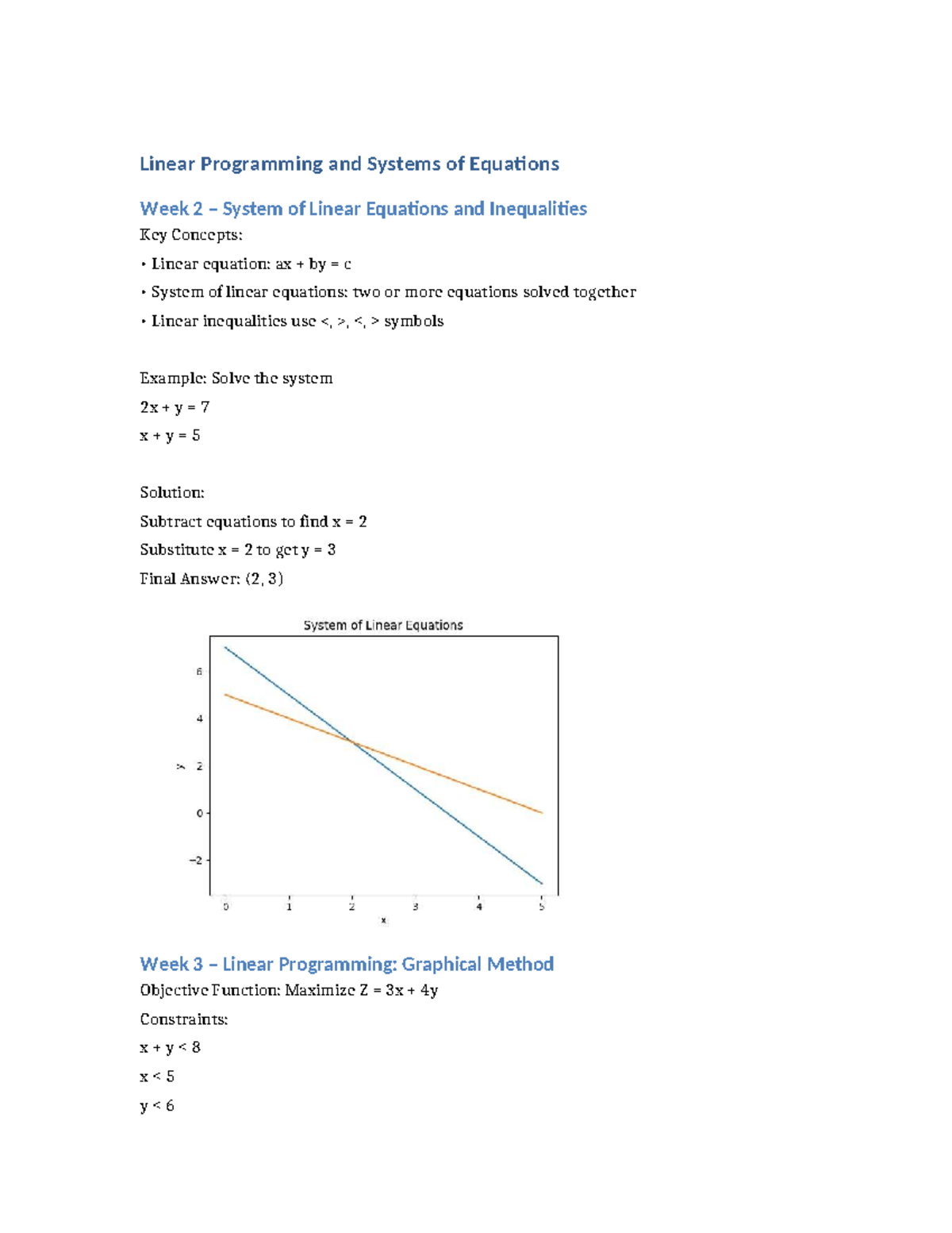 Linear Programming (MATH 201) Weeks 2 to 5 Overview - Studocu