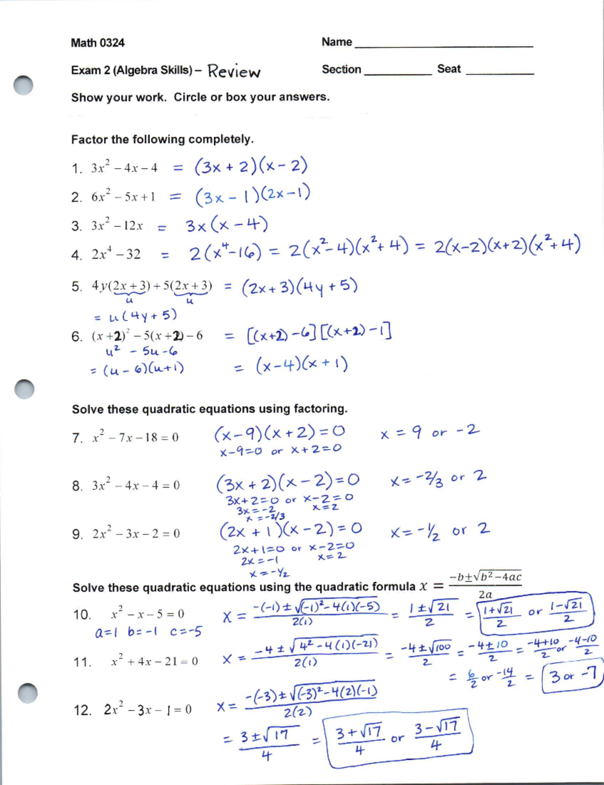 0324 - Exam 2 Review KEY - Math 0324 Name Exam 2 (Algebra Skills ...