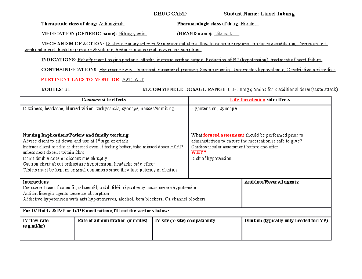 Nitroglycerin (Nitrostat) Drug Card - Antianginal & Nitrate Info - Studocu