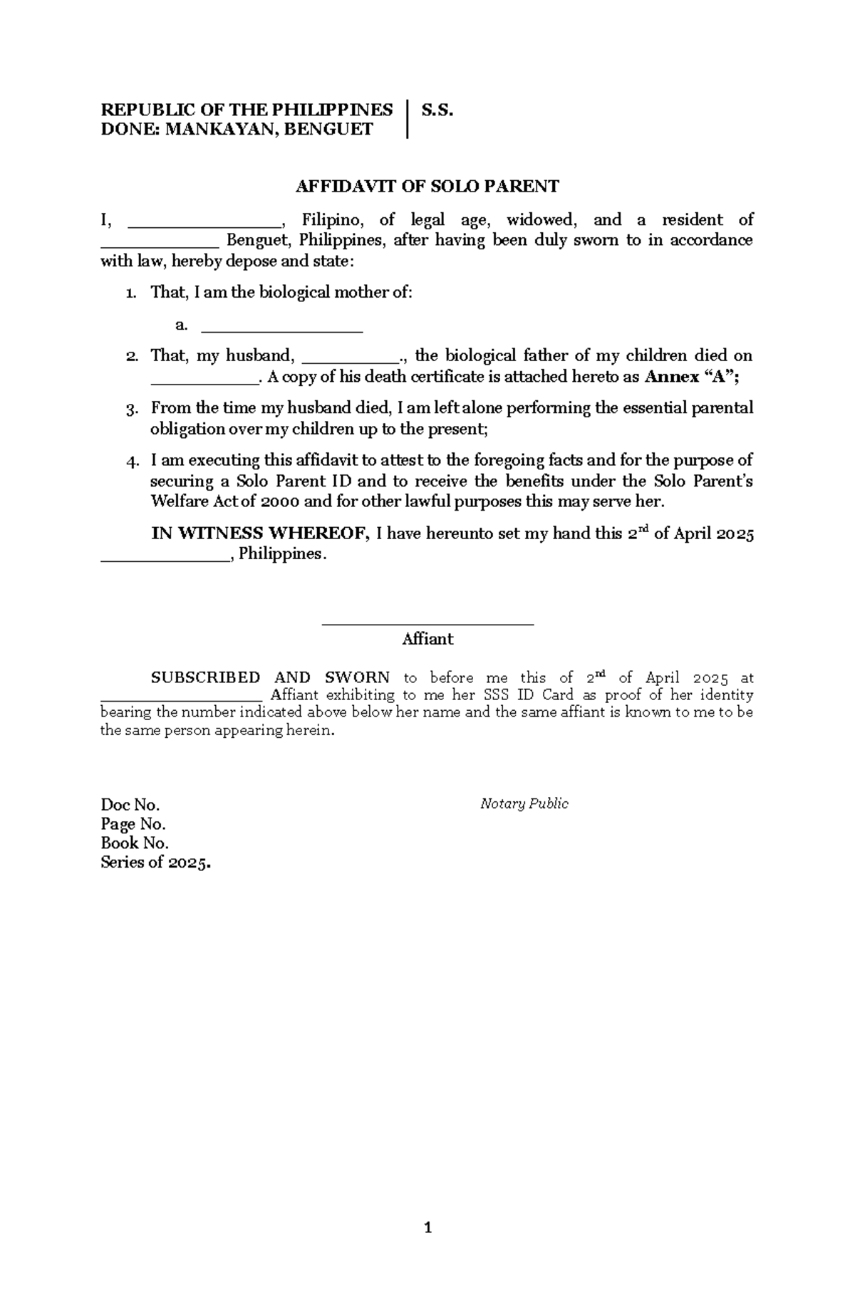 Affidavit of solo parent for securing Solo Parent ID in the Philippines - Studocu
