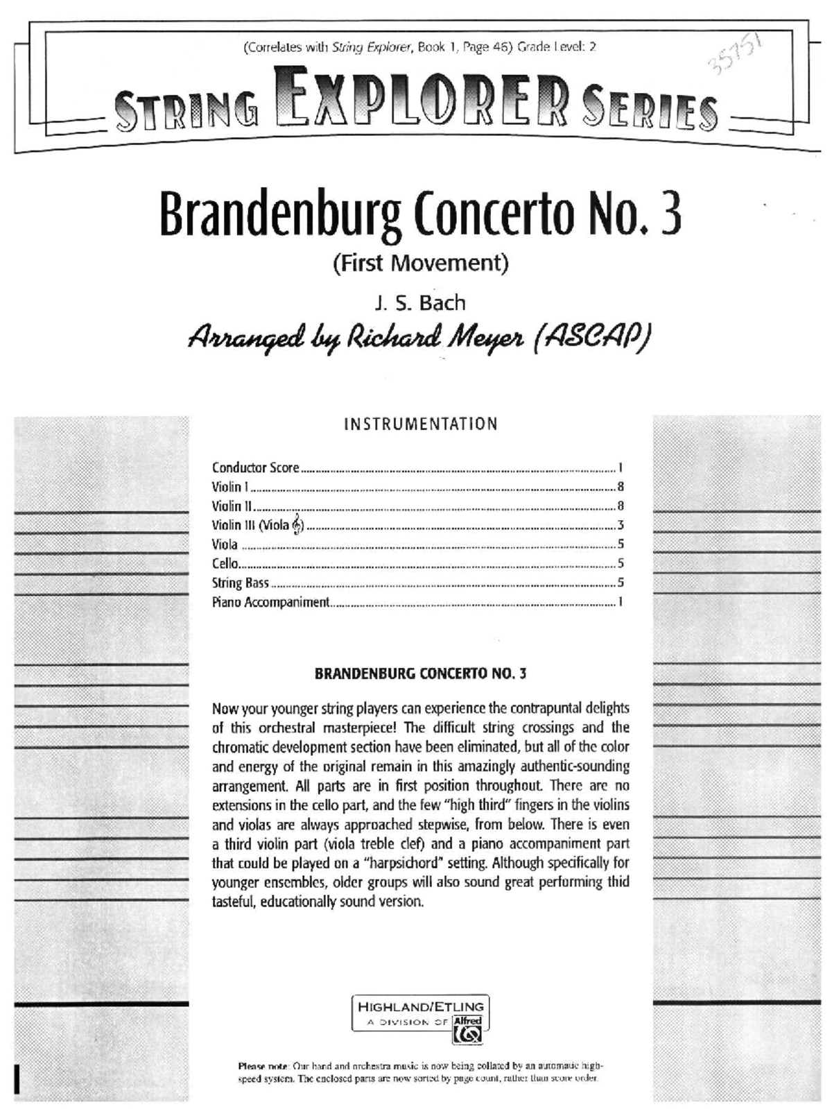 Brandenburg Concerto No. 3 (1st Mov) - Conductor Score (Grade 2) 35751 ...