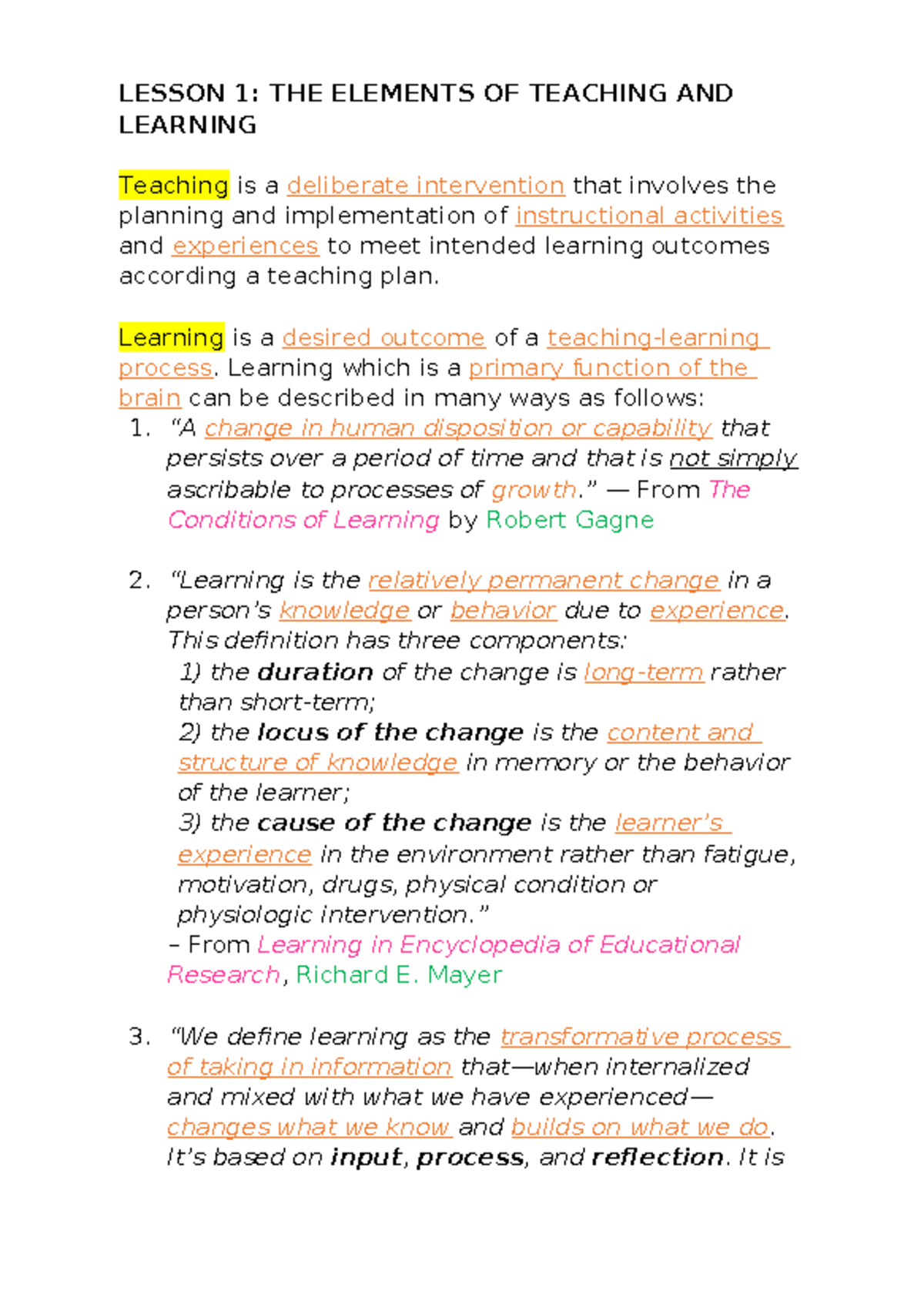 PMTA Lesson Notes: Elements and Principles of Teaching & Learning - Studocu