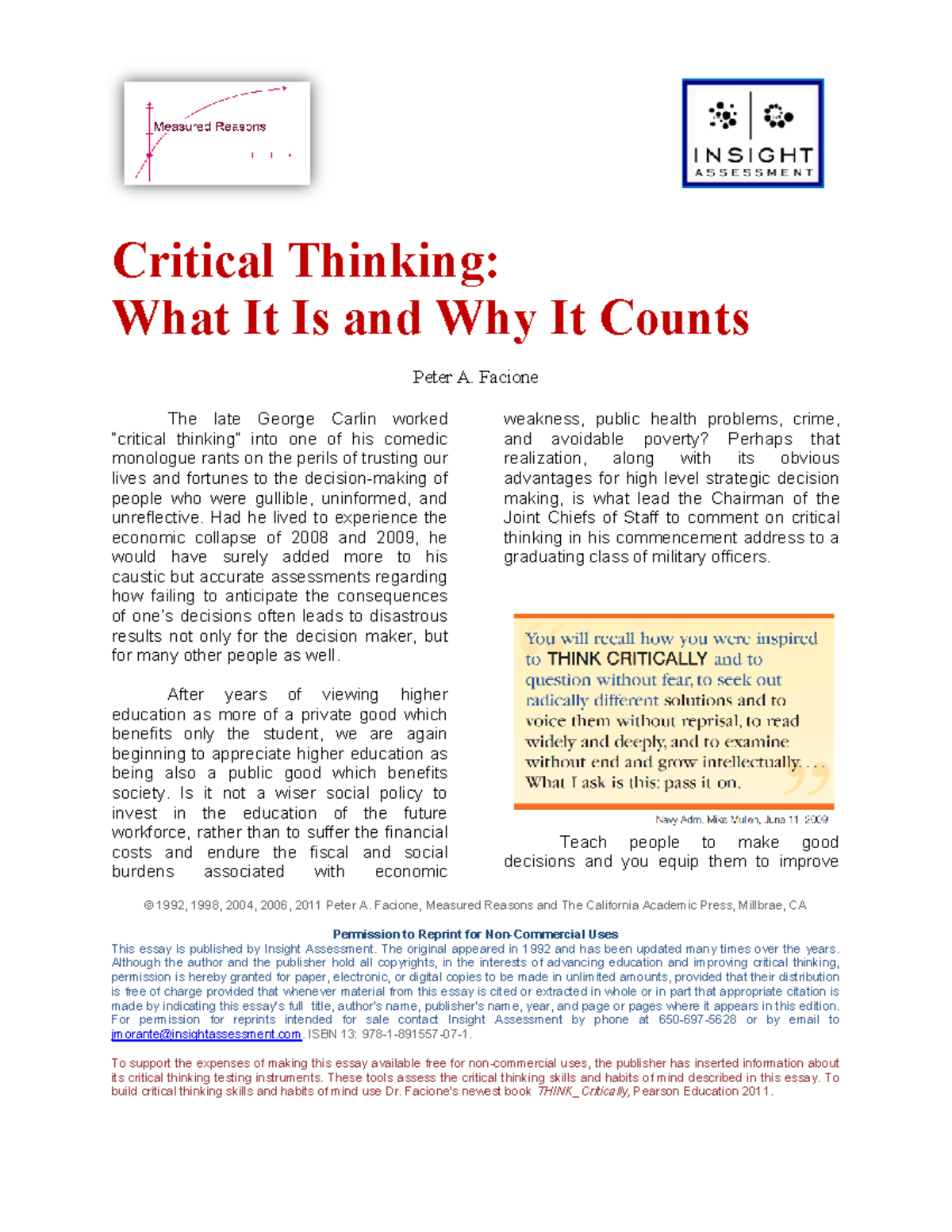 Critical Thinking: Importance and Insights (ENG 101, 2011 Update) - Studocu