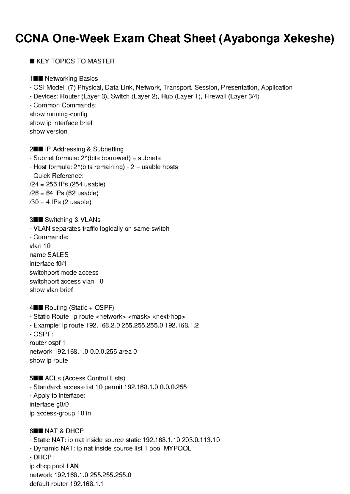 CCNA Exam Cheat Sheet: Key Topics to Master - Studocu