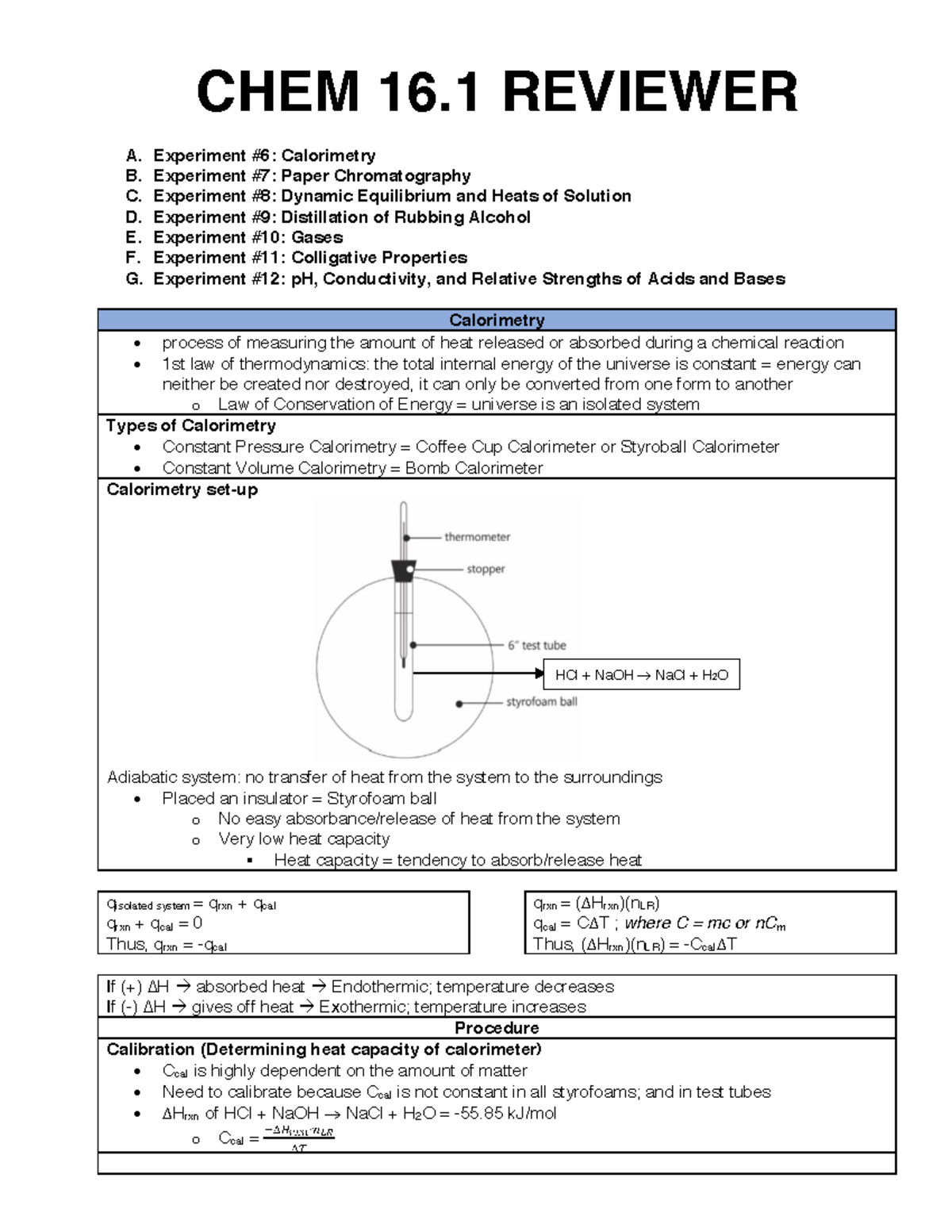 CHEM 16 Final Exam Notes: Calorimetry, Chromatography & More - Studocu